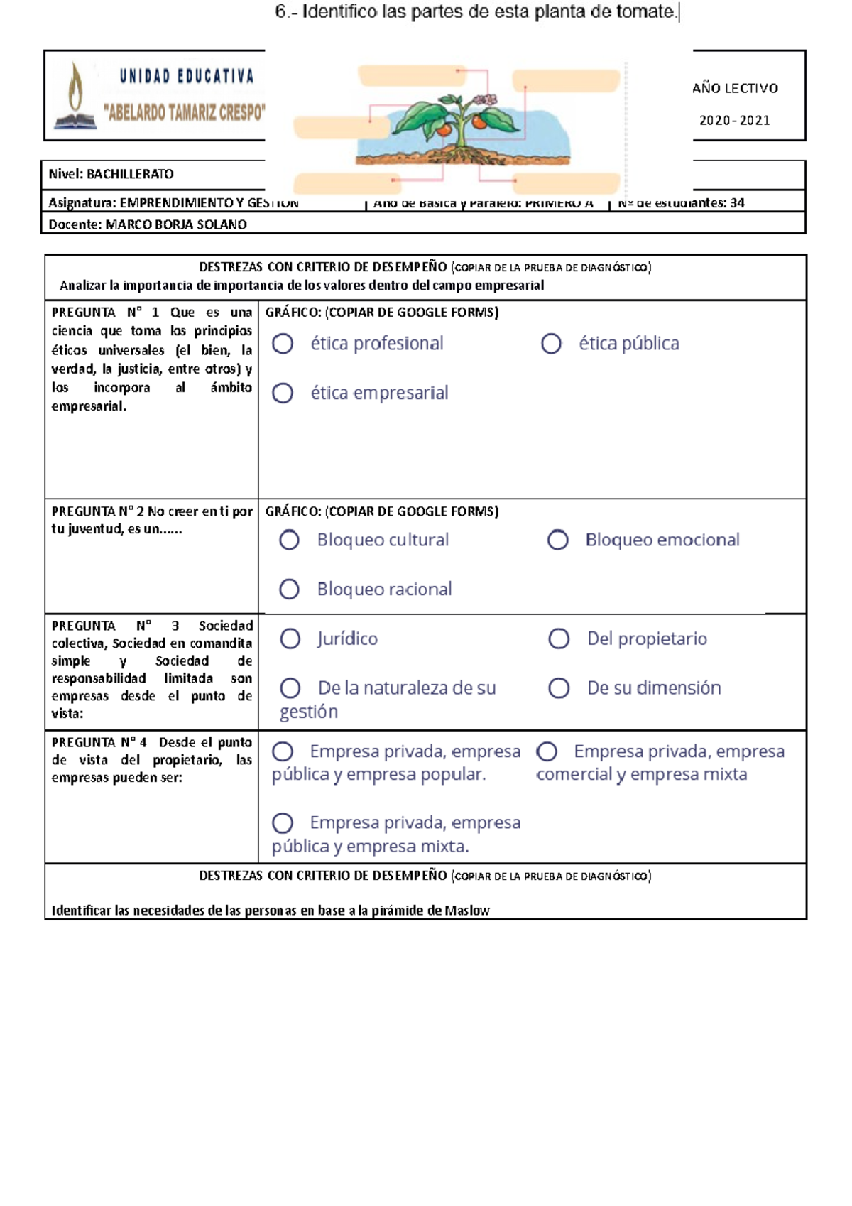 Primero A - dfdfdfd - TABULACIÓN DE LA EVALUACIÓN DIAGNÓSTICA 2020 ...