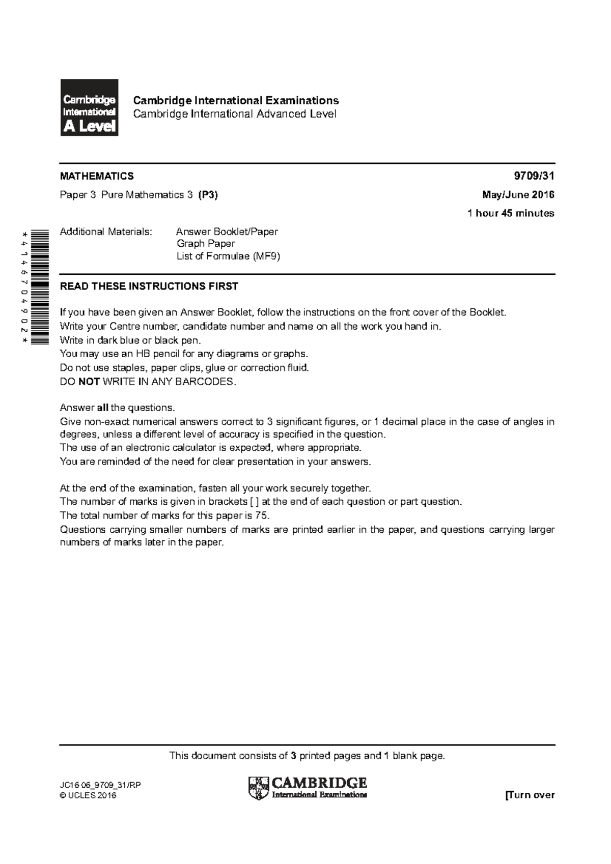 9709 S16 P3 Pure Mathematics Practice Paper - Studocu