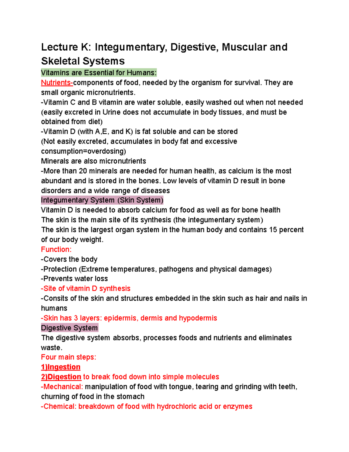 Lecture Notes: Integumentary, Digestive, Muscular Systems (Humans ...