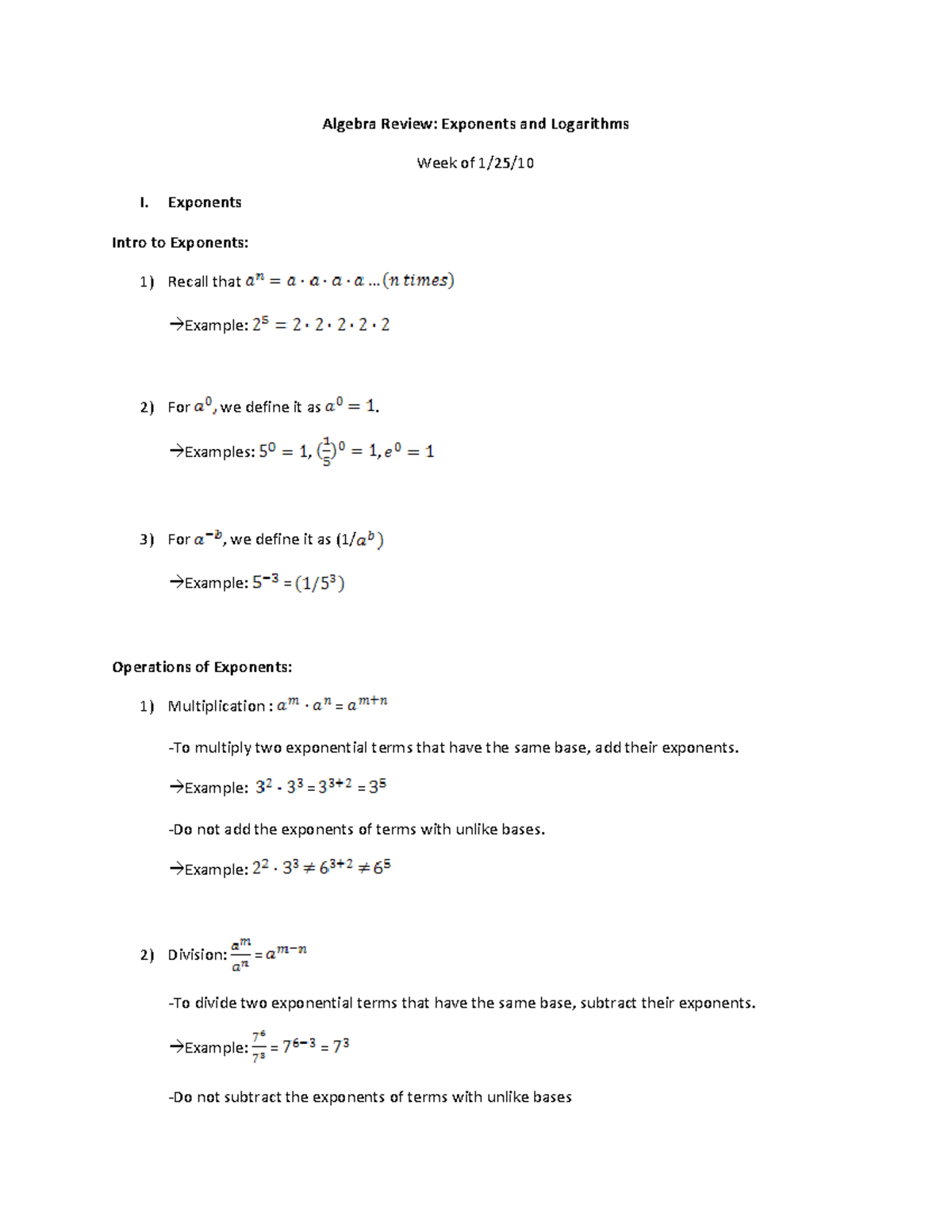 Exponents-and-Logarithms - Algebra Review: Exponents and Logarithms ...