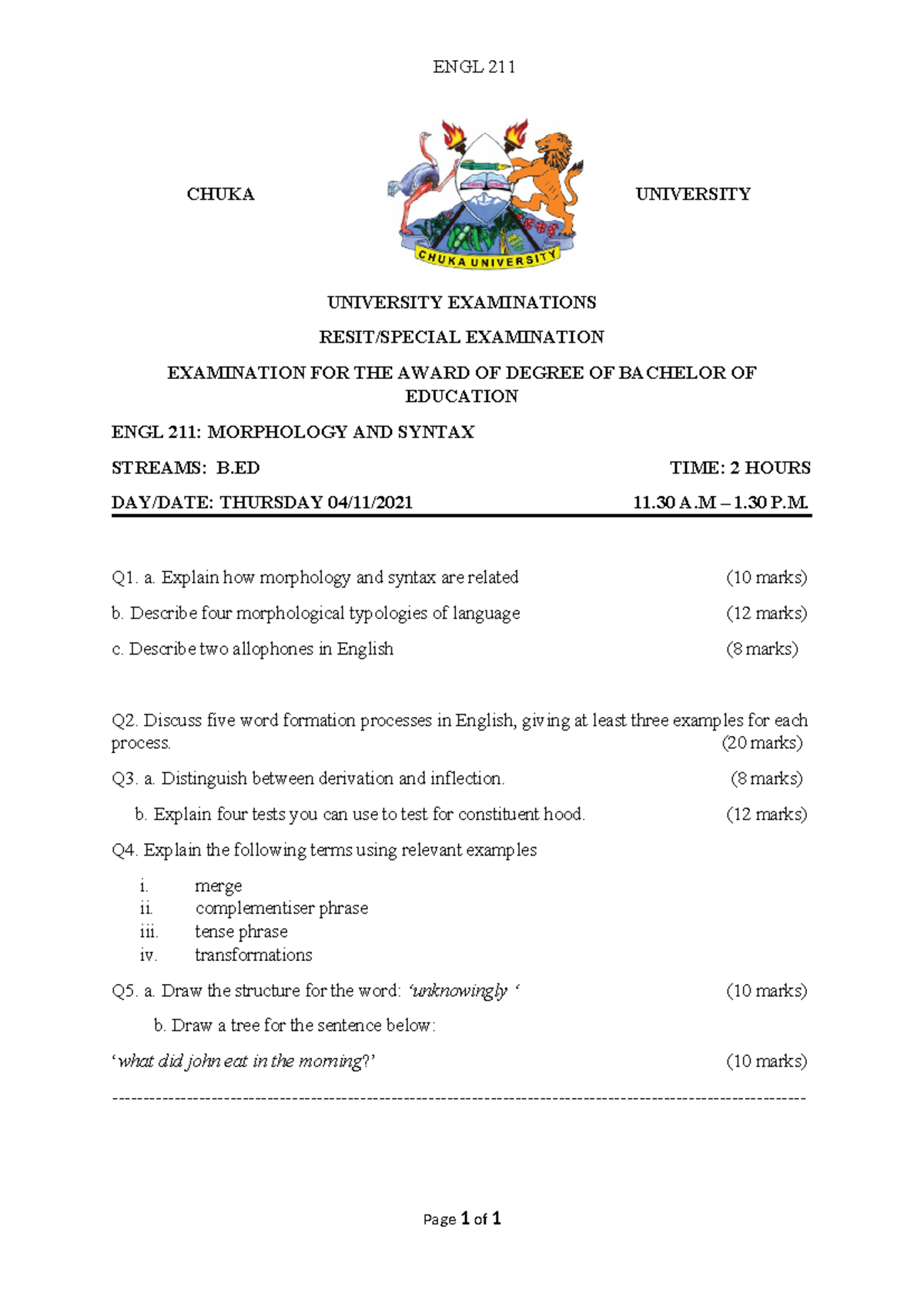 ENGL 211 Resit Exam: Morphology and Syntax Study Guide - Studocu