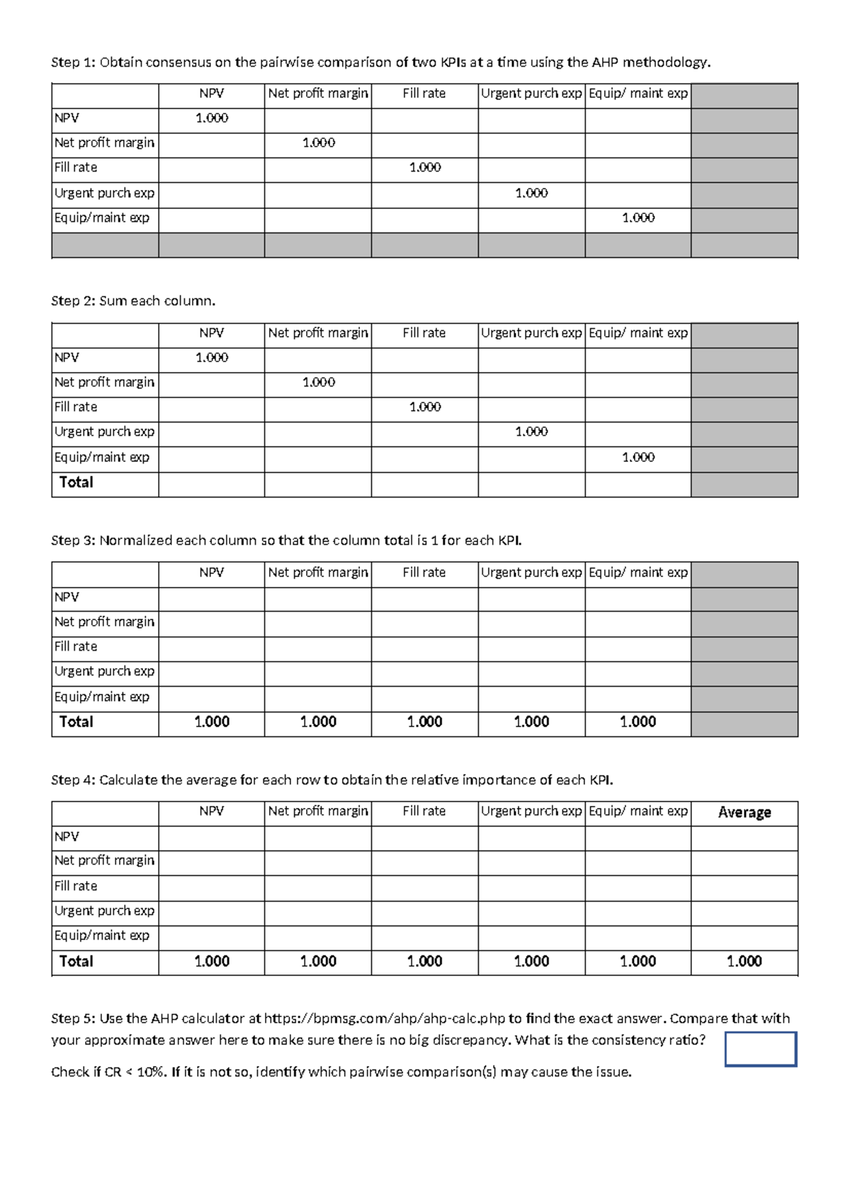 AHP Methodology for KPI Comparison: 11A Worksheet Guide - Studocu