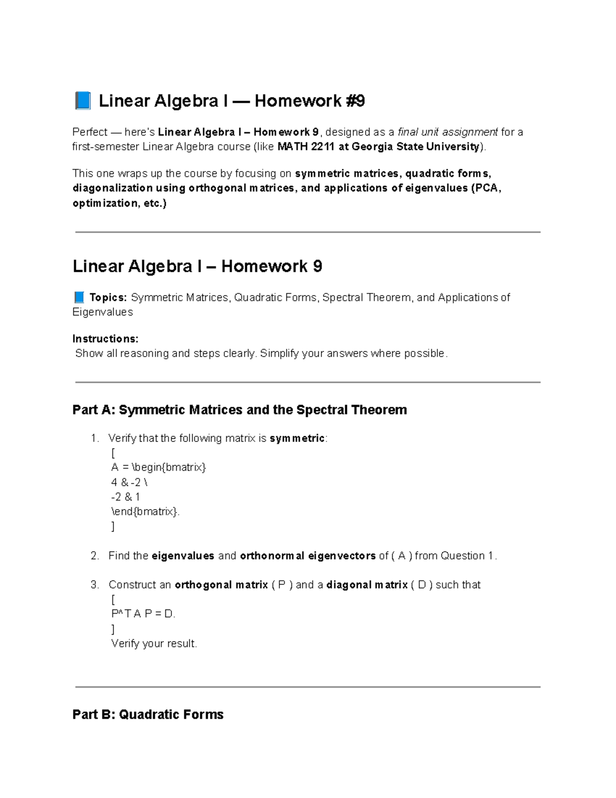 MATH 2211 Final Exam: Linear Algebra I Homework 9 on Symmetric Matrices ...