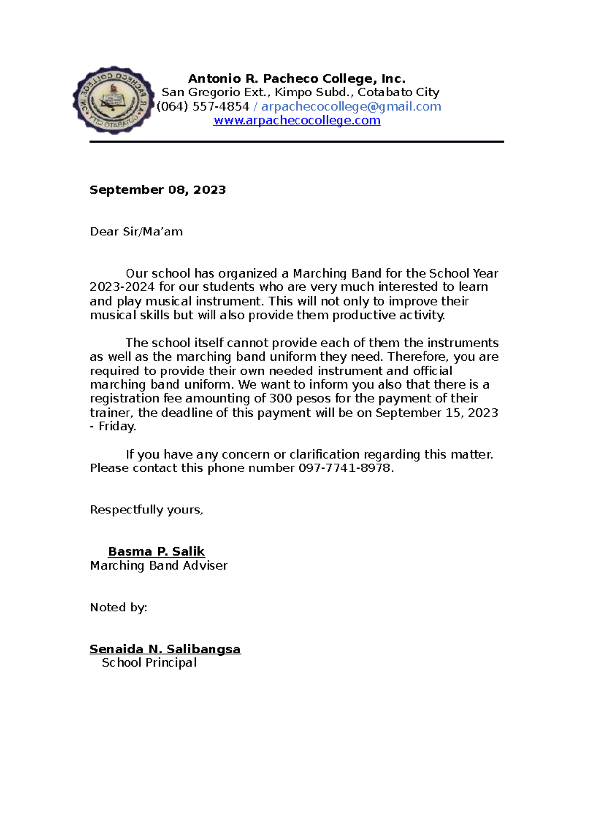 Sample Letter for Drum and Lyre Marching Band Registration 2023-2024 ...