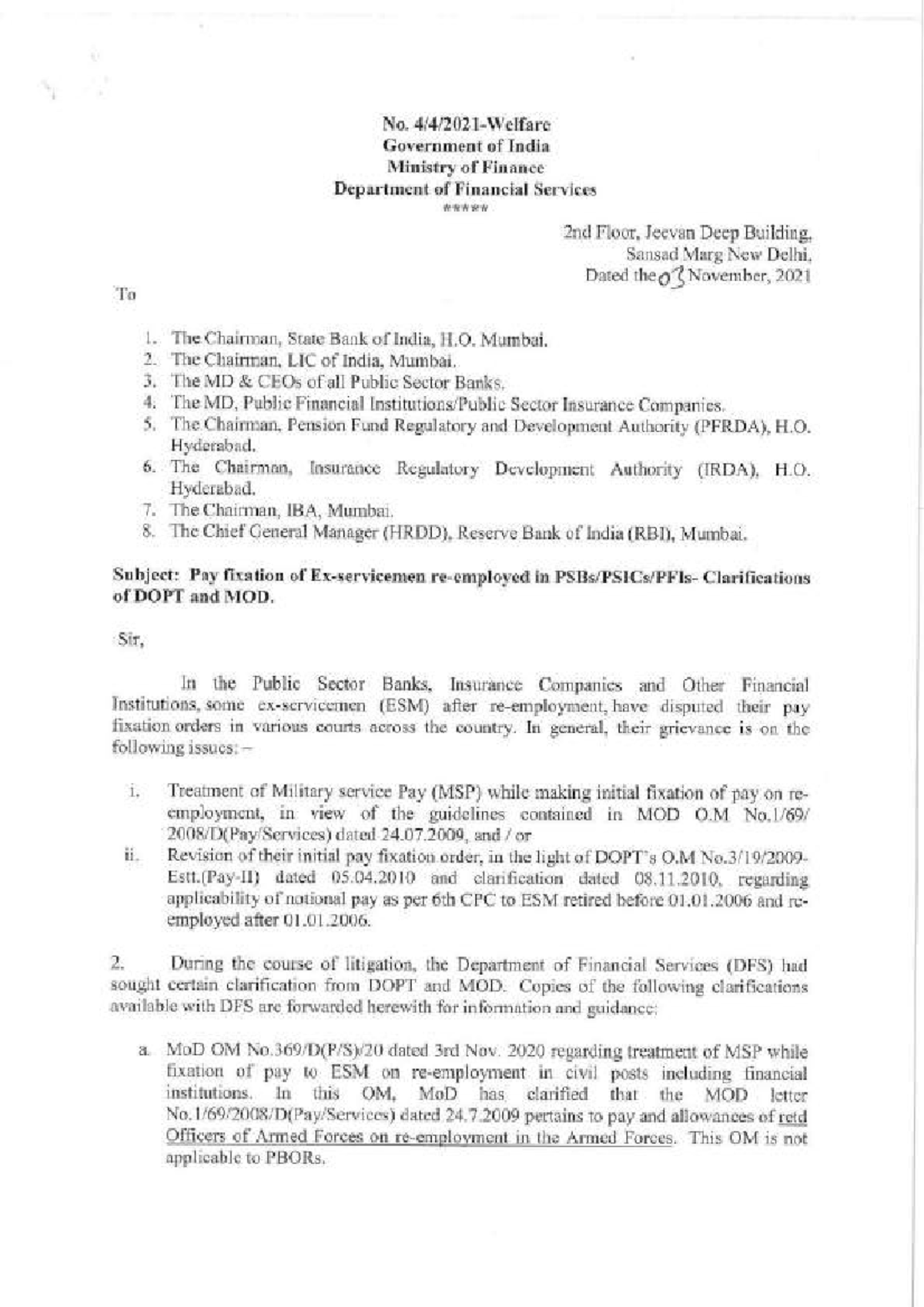 Pay Fixation Clarifications for ESM in PSBs & Financial Institutions ...