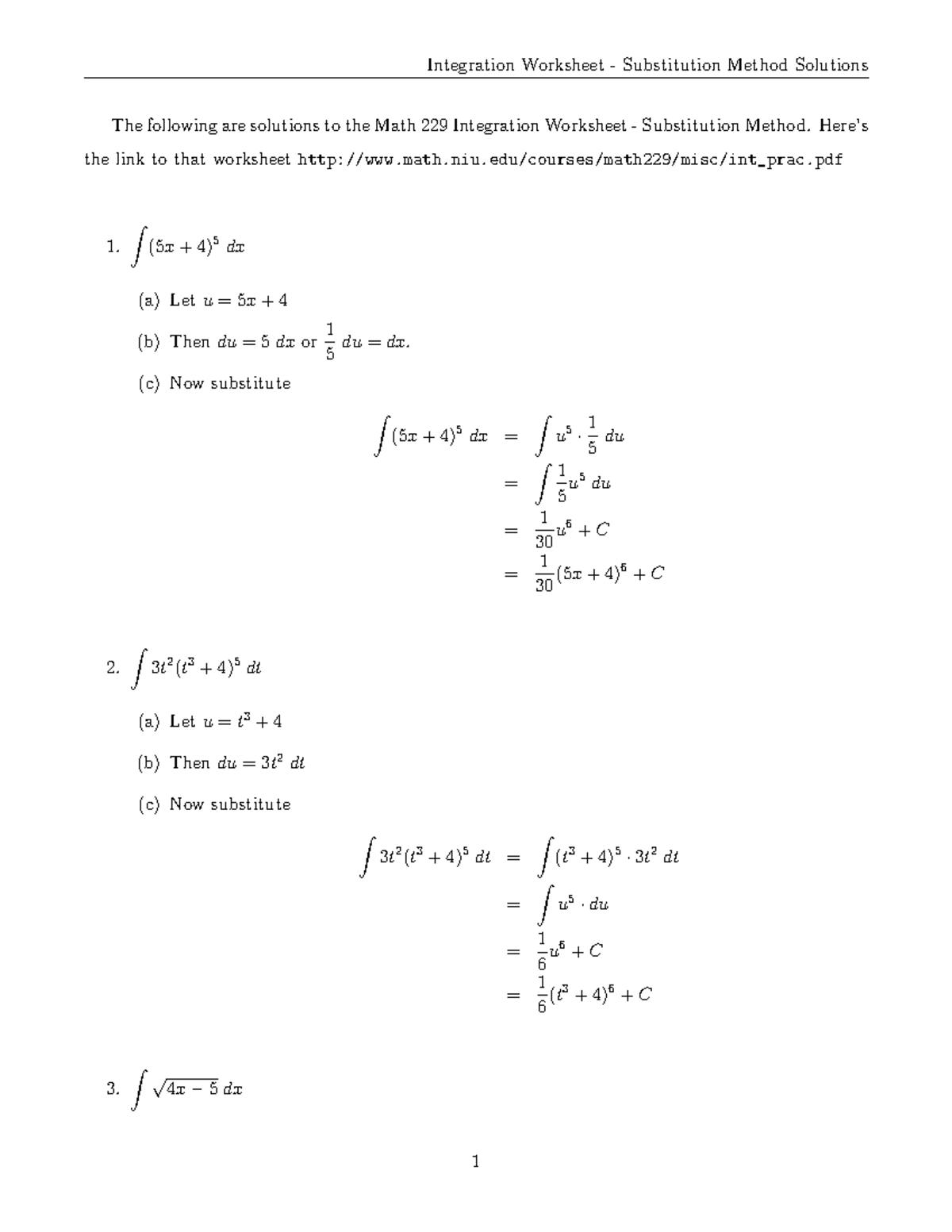 Math 229 Integration Worksheet Solutions: Substitution Method - Studocu