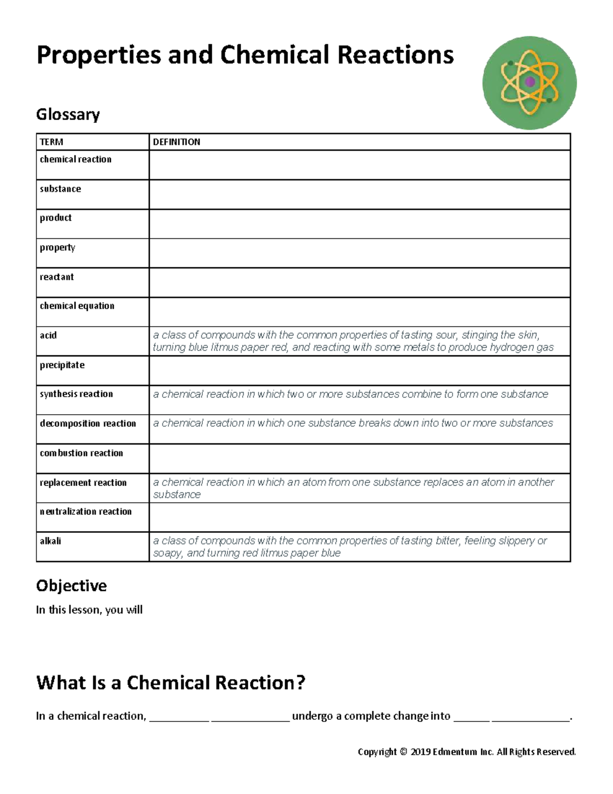 Properties and Chemical Reactions Lesson - Studocu