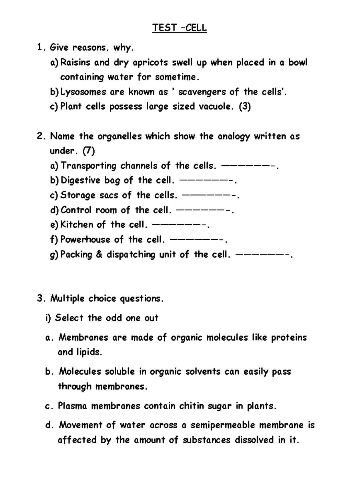 TEST 1 - CELL - 2025: Understanding Cell Organelles and Processes - Studocu