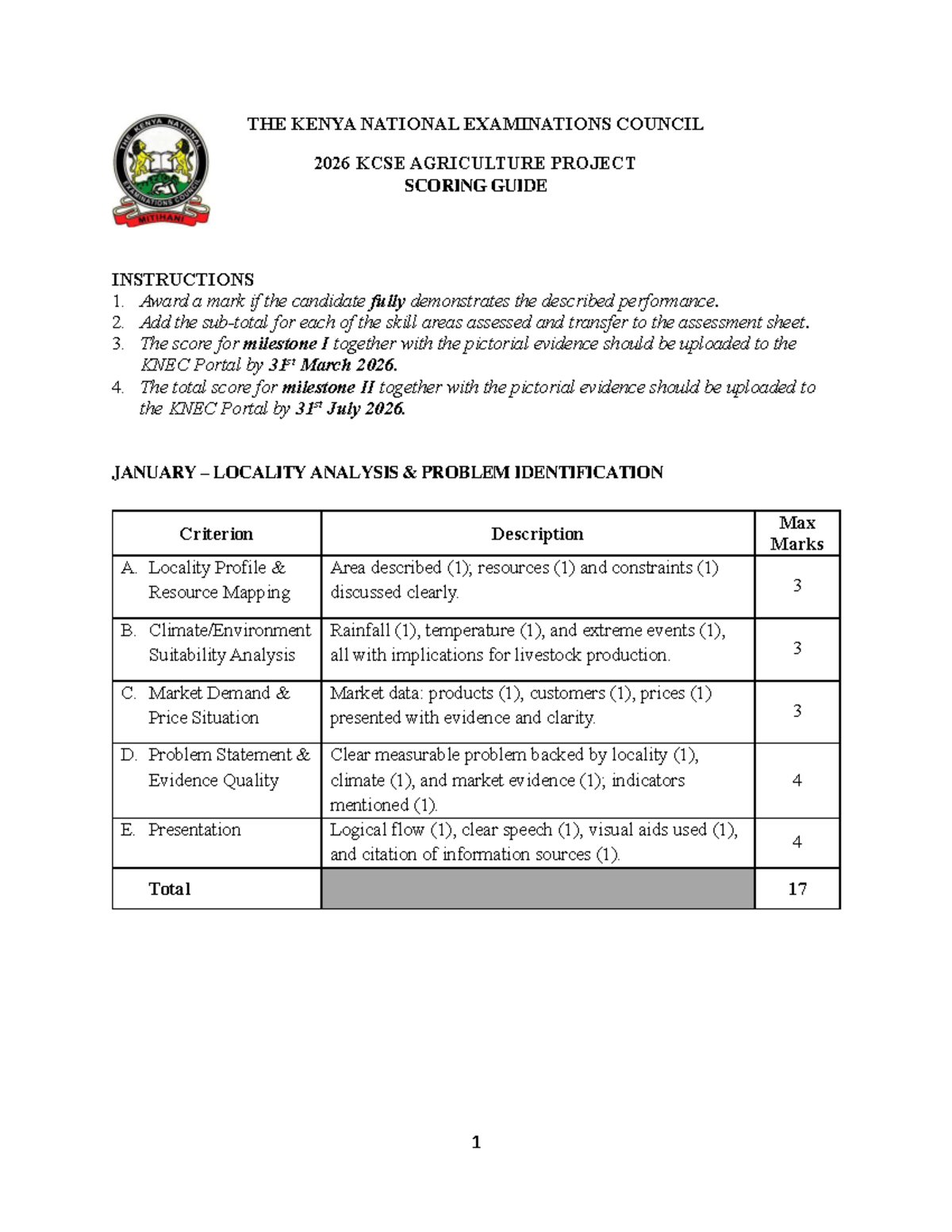2026 KCSE Agriculture Project Scoring Guide & Marking Scheme - Studocu