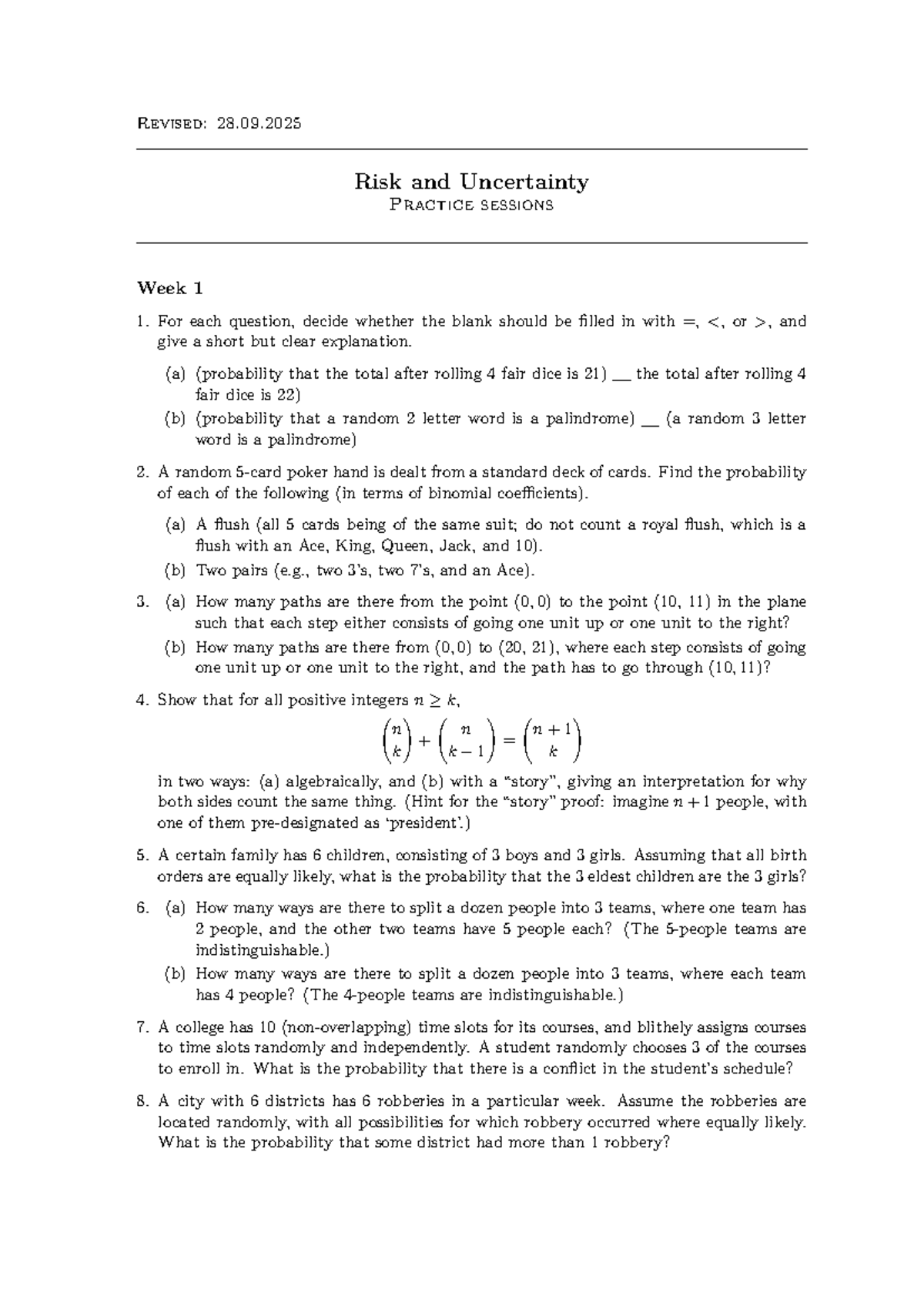 RU-2025 Risk and Uncertainty Practice Sessions: Week 1 & 2 - Studocu