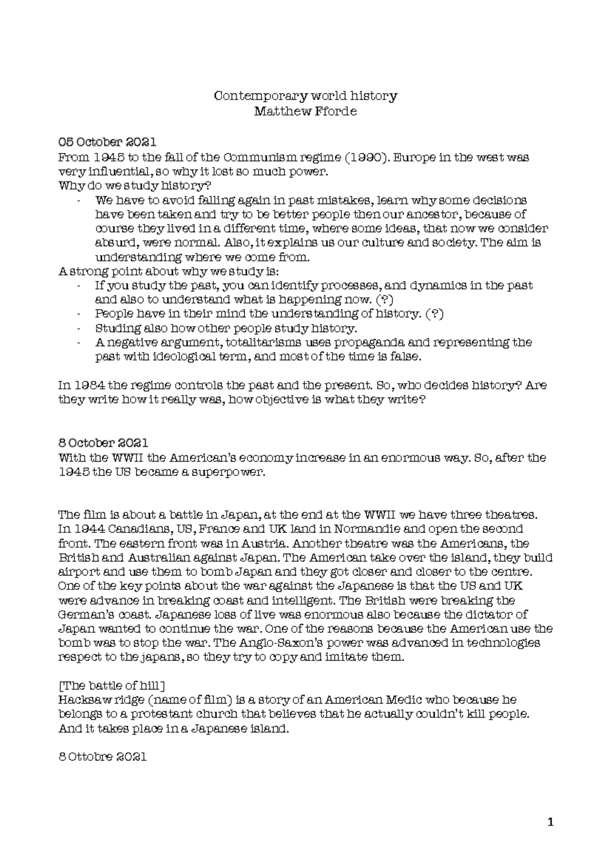 Contemporary World History Lecture Notes (Course Code: HIST101) - Studocu