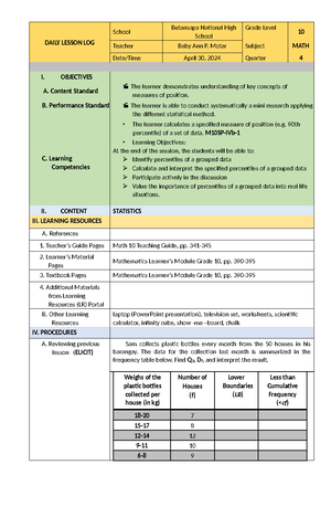 DLL COT 2 decile ungrouped data - Daily Lesson Log School CRISTO REY HIGH SCHOOL Grade level 10 ...