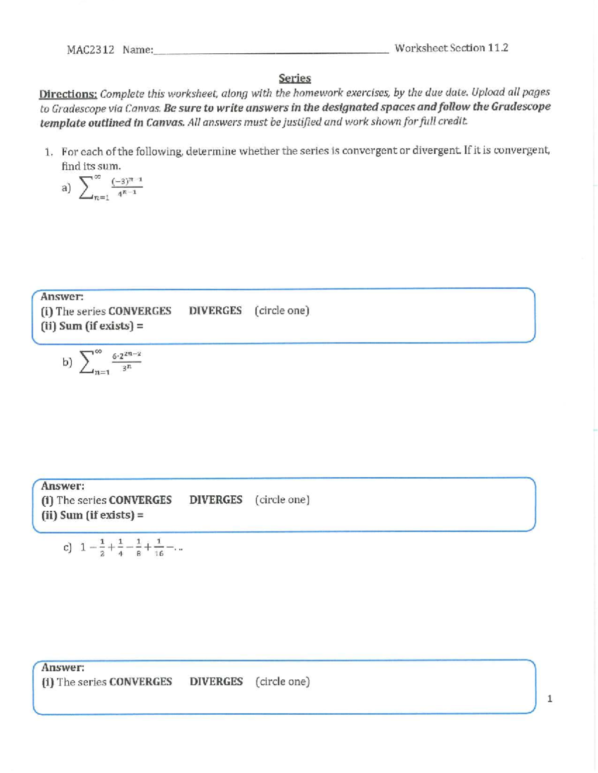 MAC2312 Worksheet 11.2: Series Convergence & Divergence Exercises - Studocu