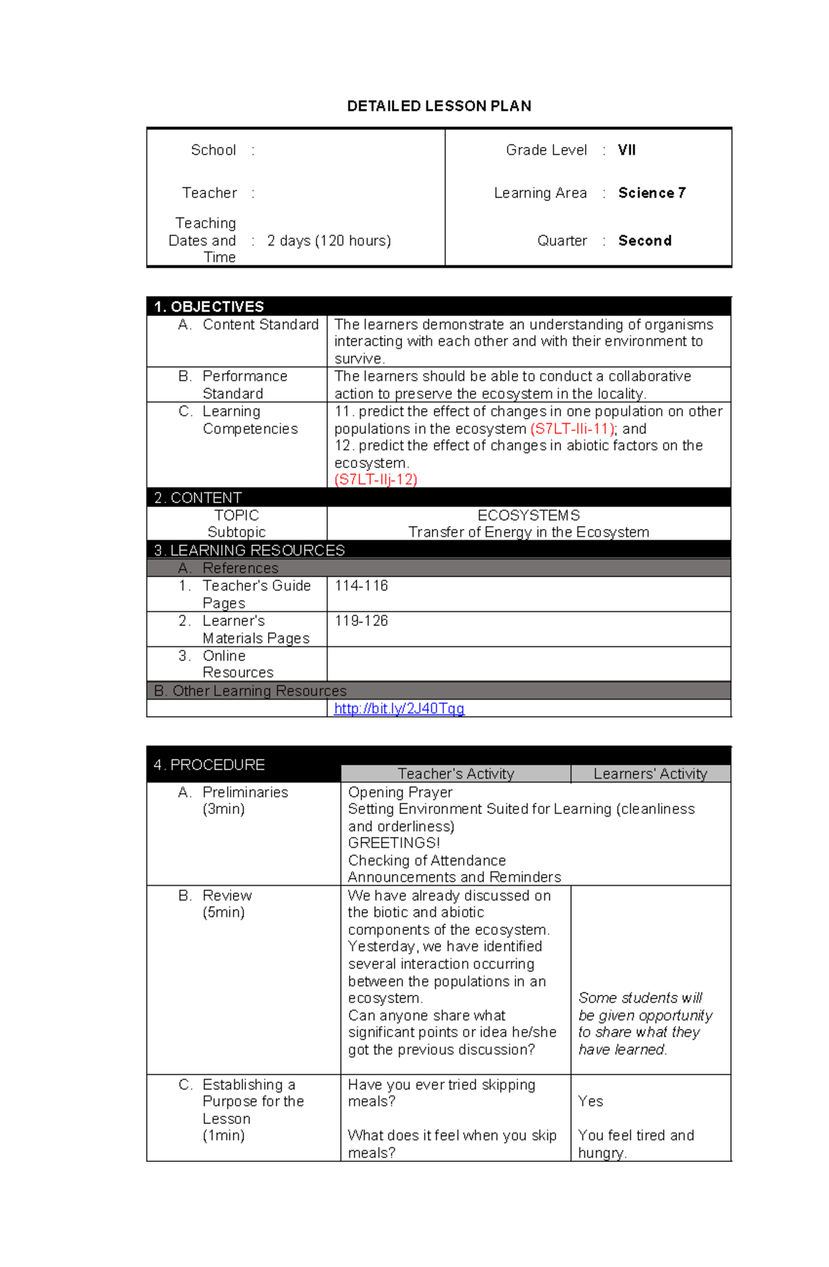 S7LT-IIi-11 Lesson Plan: Transfer of Energy in Ecosystems - Studocu