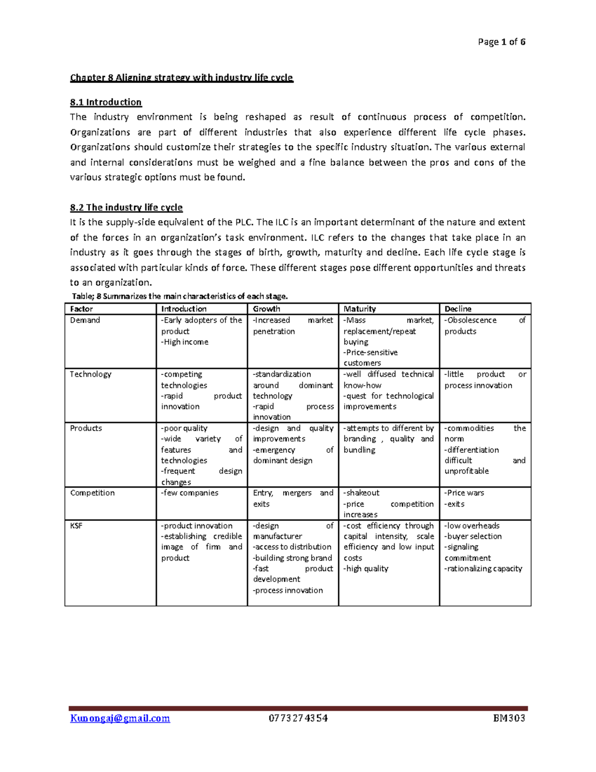 Chapter 8: Aligning Strategy with Industry Life Cycle Dynamics - Studocu