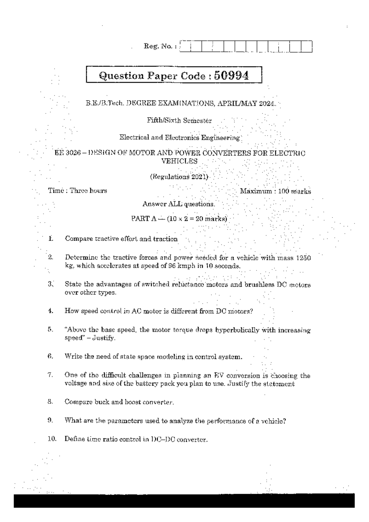 EE 3026 - Design of Motor & Power Converters for EVs - Exam 2024 - Studocu