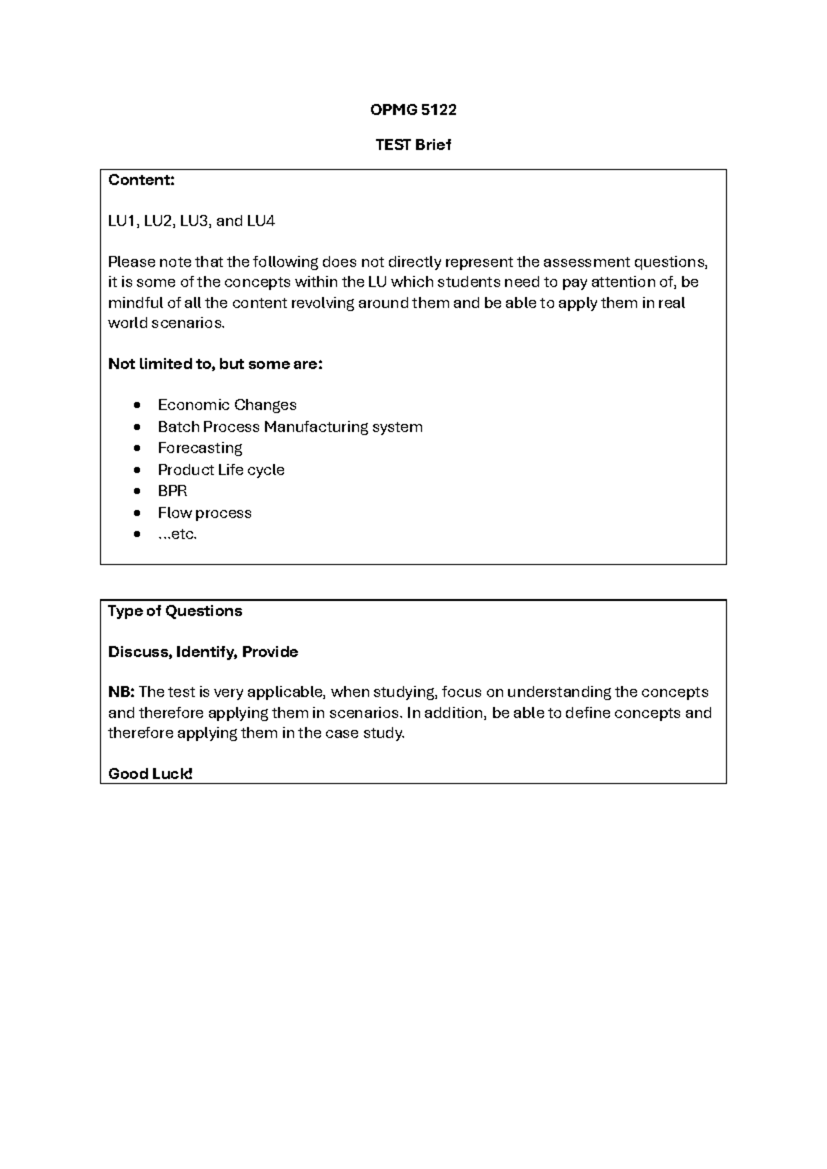 OPMG 5122 Test Brief: Key Concepts & Application Notes - Studocu