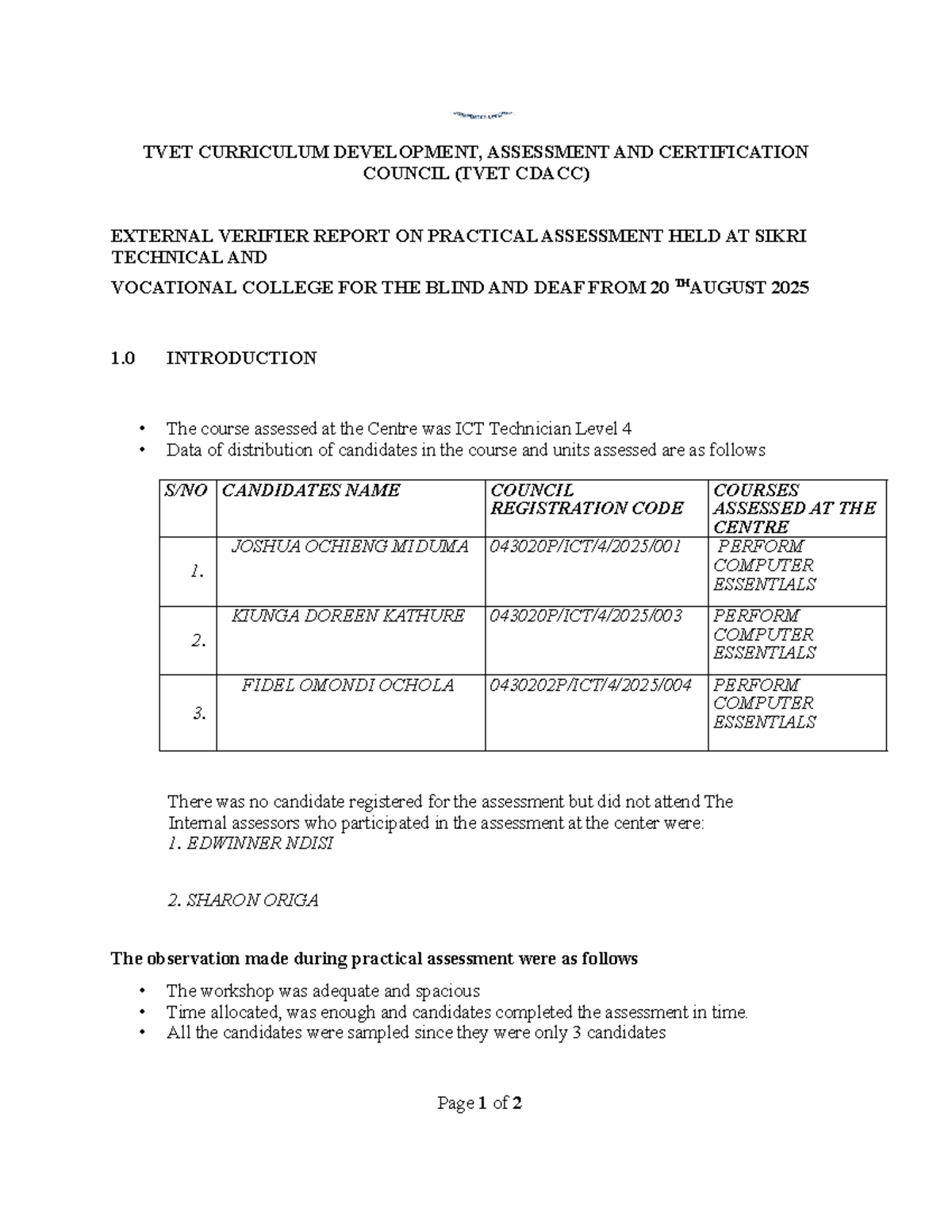 TVET CDACC External Verifier Report: Perform Computer Essentials Level ...