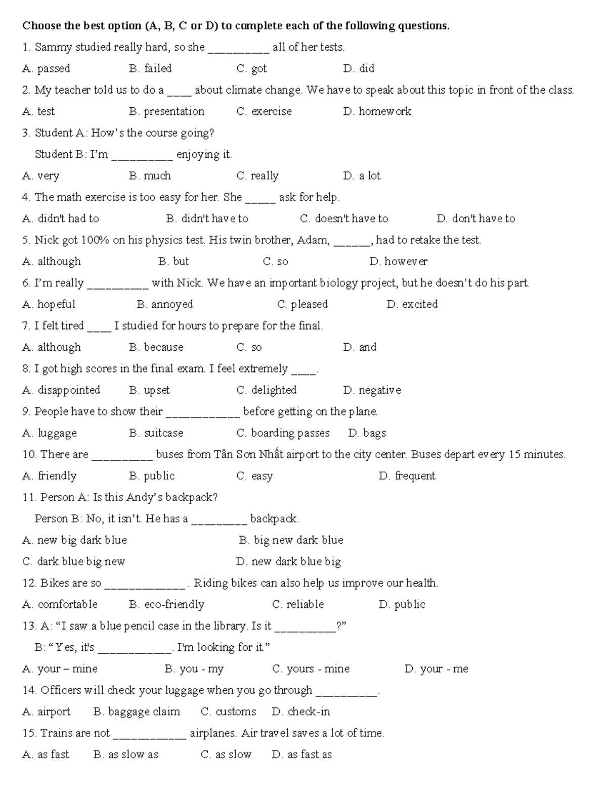 Choose the Best Option: English Language Practice Quiz - Studocu