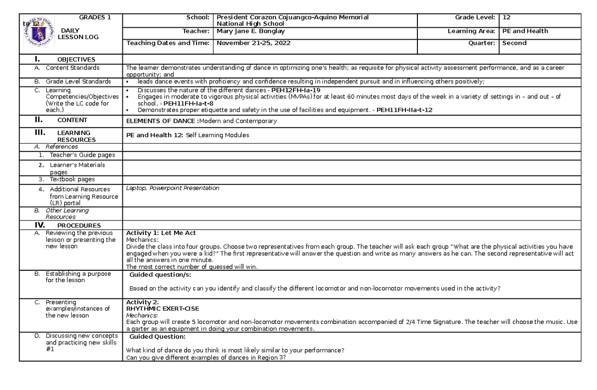 HOPE 3 WEEK 2(Q2) - Daily Lesson Log for PE and Health Grade 12 - Studocu