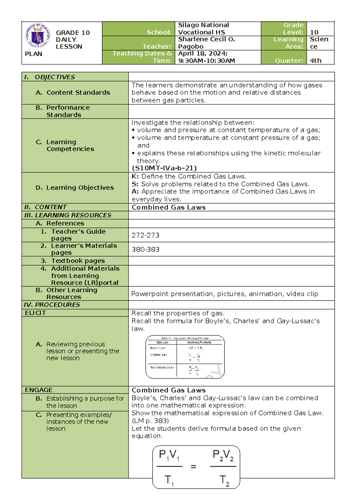 Science 10-DLP5-Lesson Plan on Combined Gas Laws for Q4 2024 - Studocu
