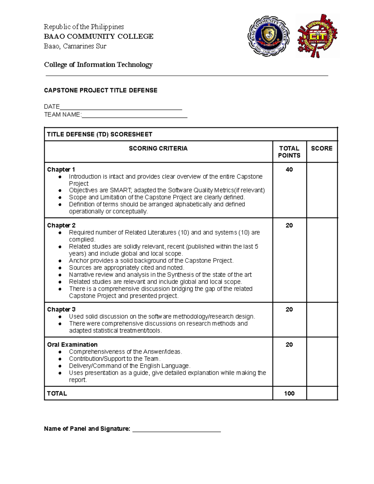 Capstone-Project Title-Defense-TD Rubric - Republic of the Philippines ...