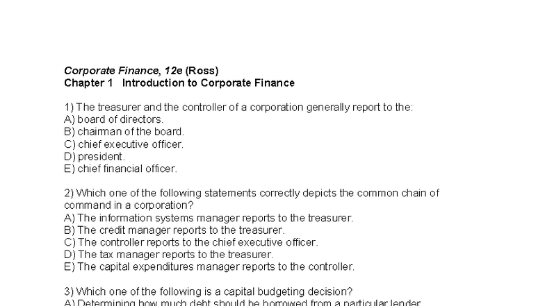Corporate Finance, 12e (Ross) Chapter 1: Intro to Corporate Finance ...
