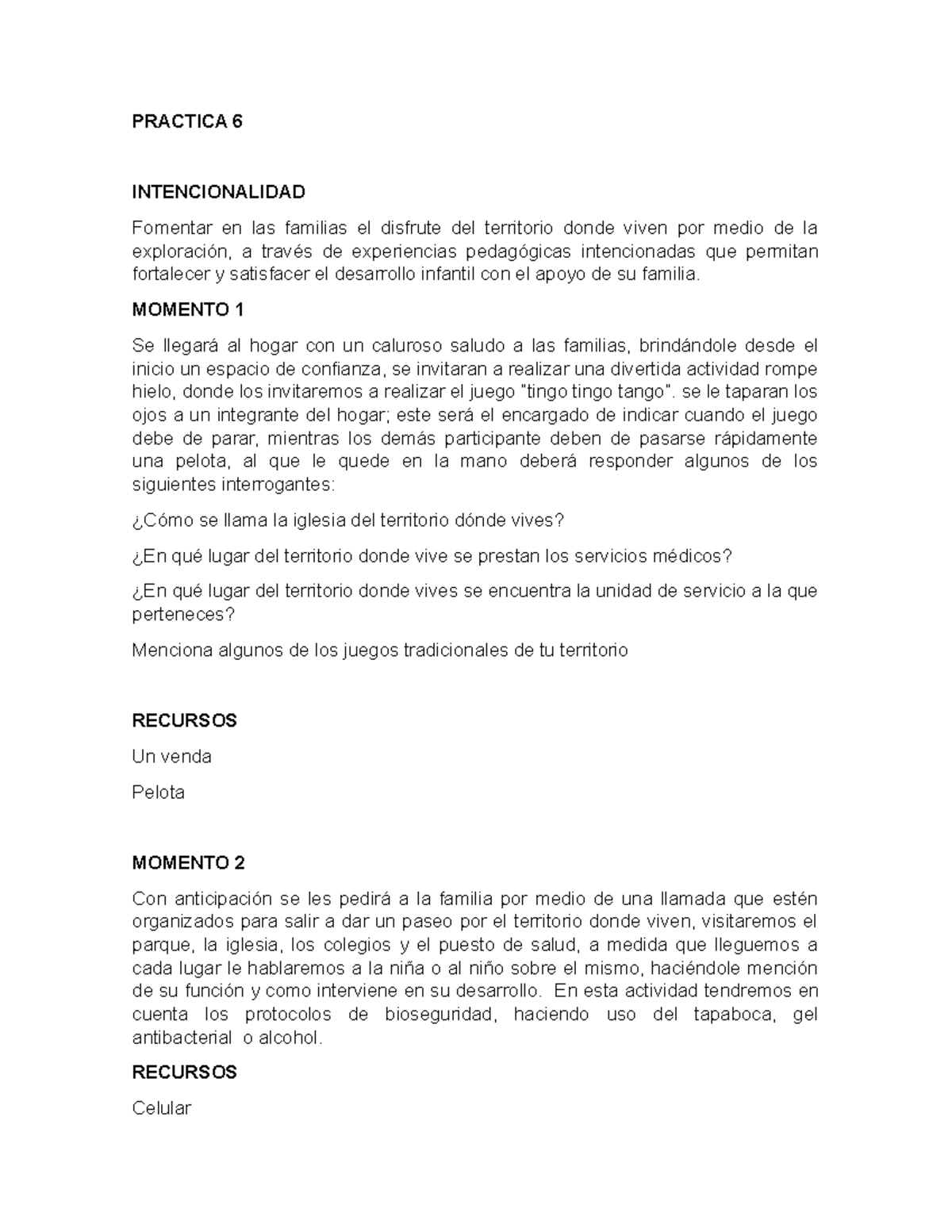 Planeación Práctica 6: Exploración del Territorio en Familia - Studocu