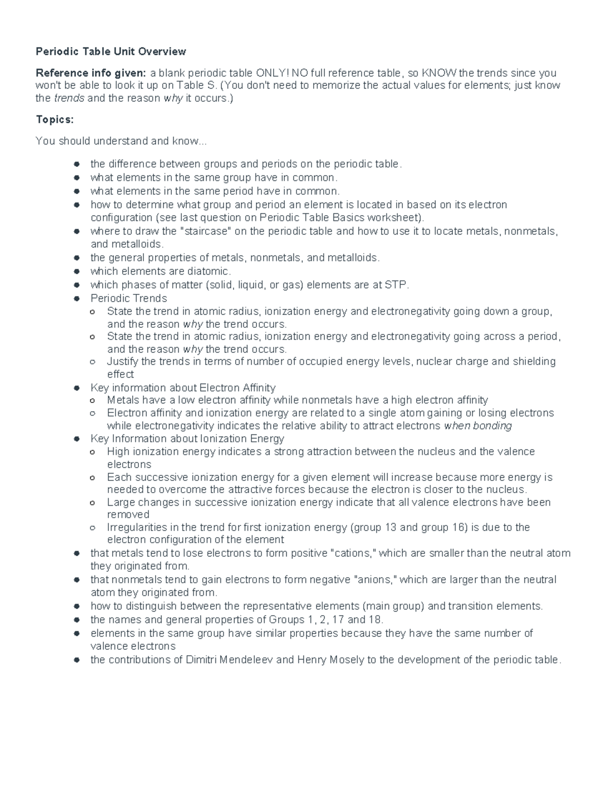 Periodic Table Unit Overview: Key Trends & Concepts (Chem 101) - Studocu