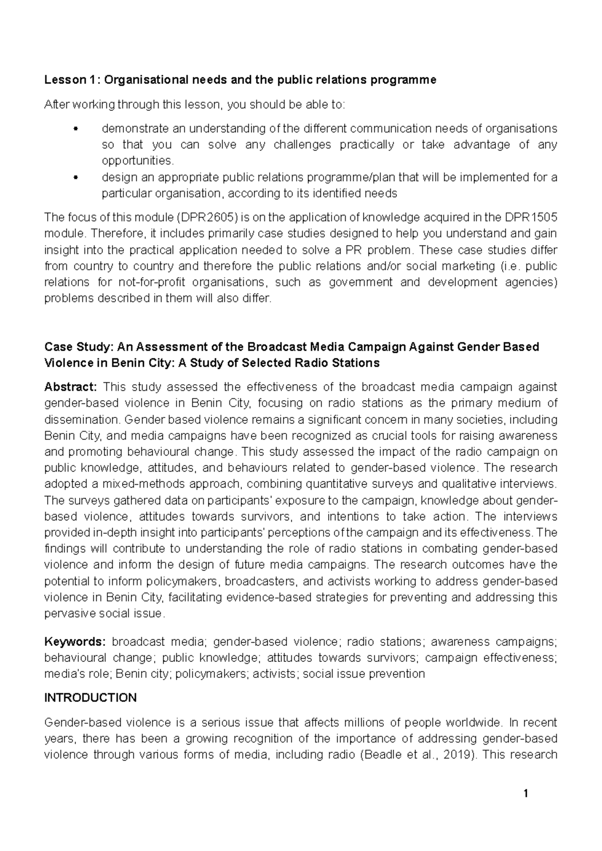 Case Study: Effectiveness of Media Campaigns Against GBV in Benin City ...