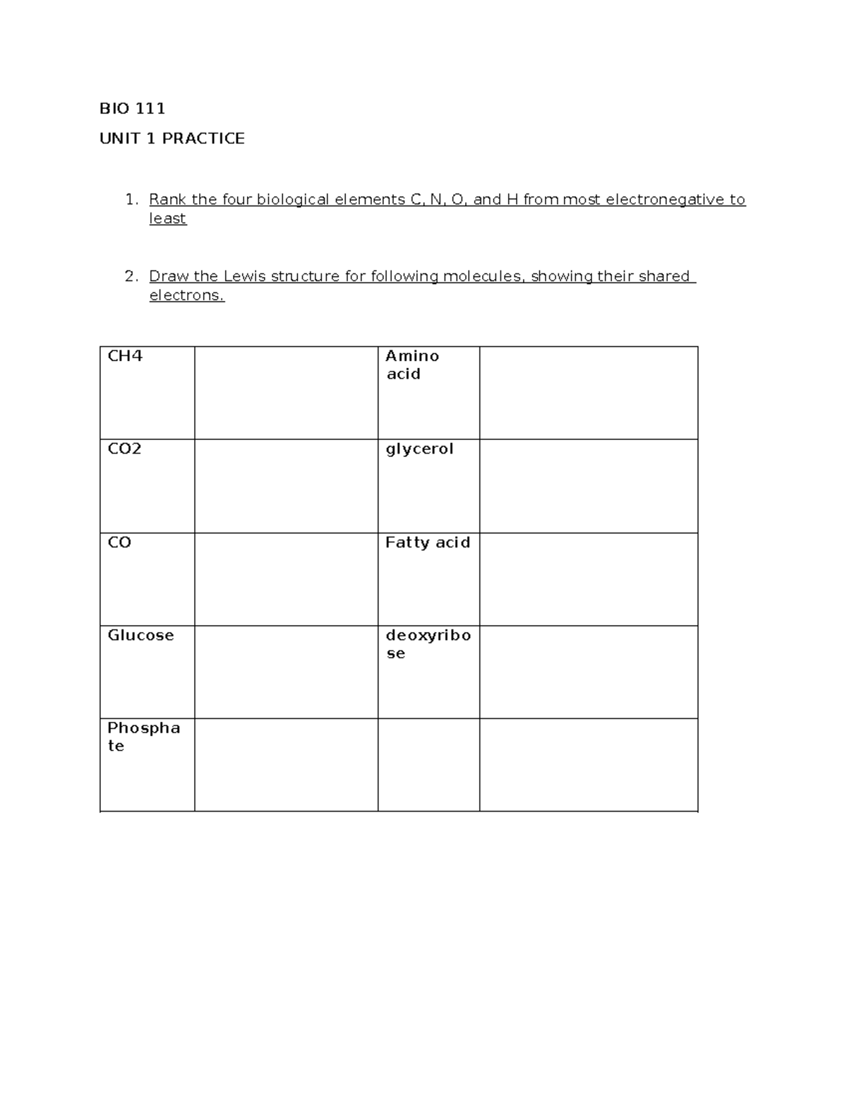 BIO 111 Unit 1 Practice: Molecule Structures and Properties - BIO 111 ...
