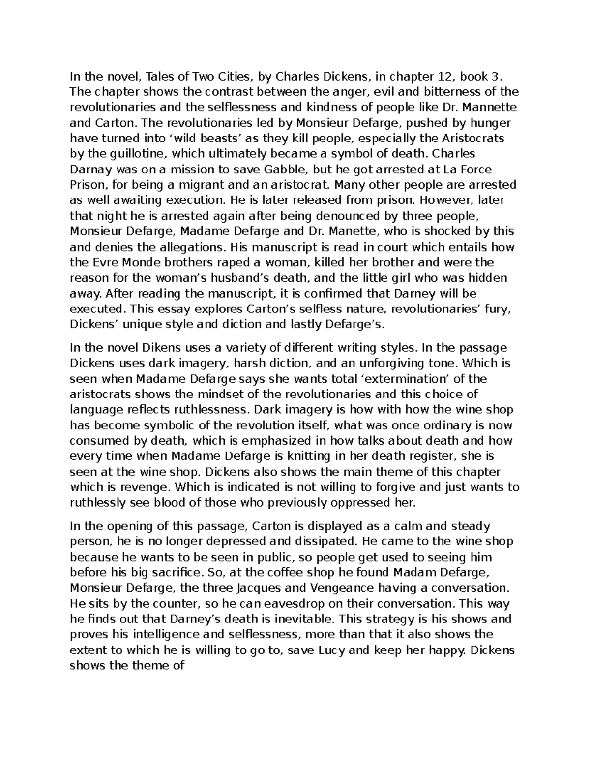 Dickens Essay: Exploring Themes in A Tale of Two Cities, Ch. 12 - Studocu