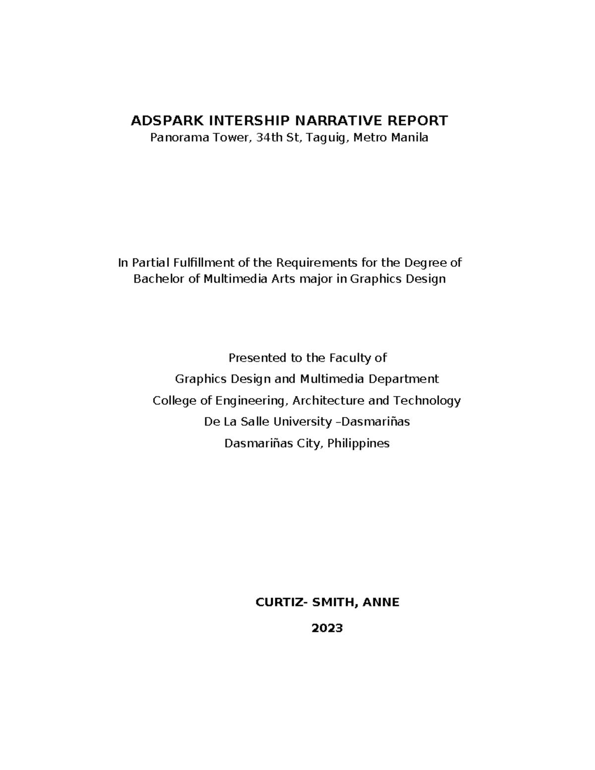 ADSPARK OJT NARRATIVE REPORT - BACHELOR OF MULTIMEDIA ARTS - Studocu