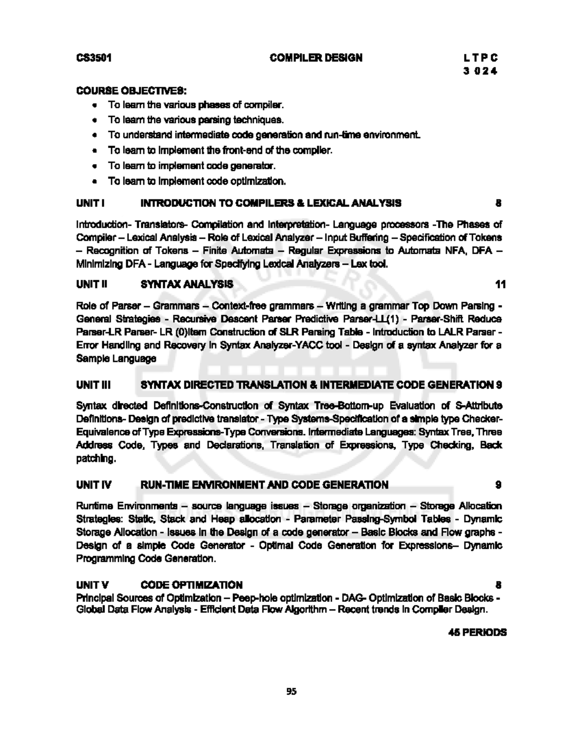 CS3501 Compiler Design Syllabus: Course Objectives & Units Overview ...
