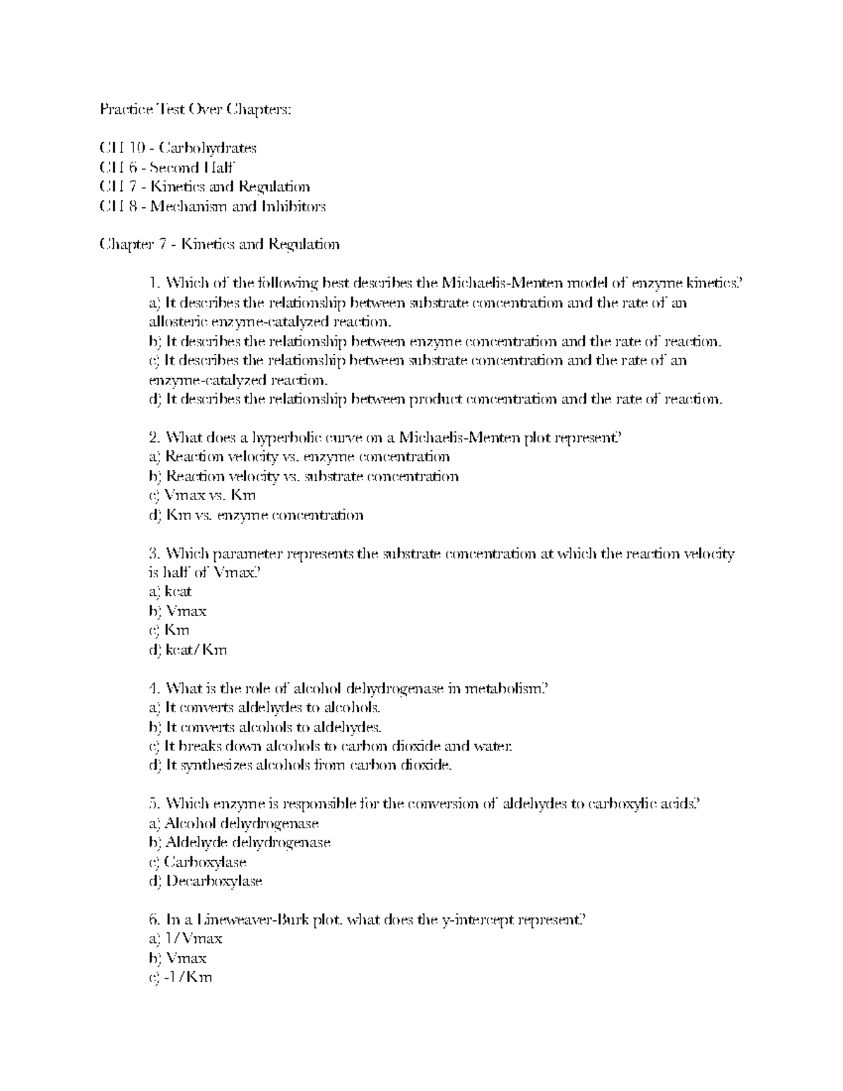 Kinetics and Regulation: Practice Test for Chapters 6, 7, 8, and 10 ...