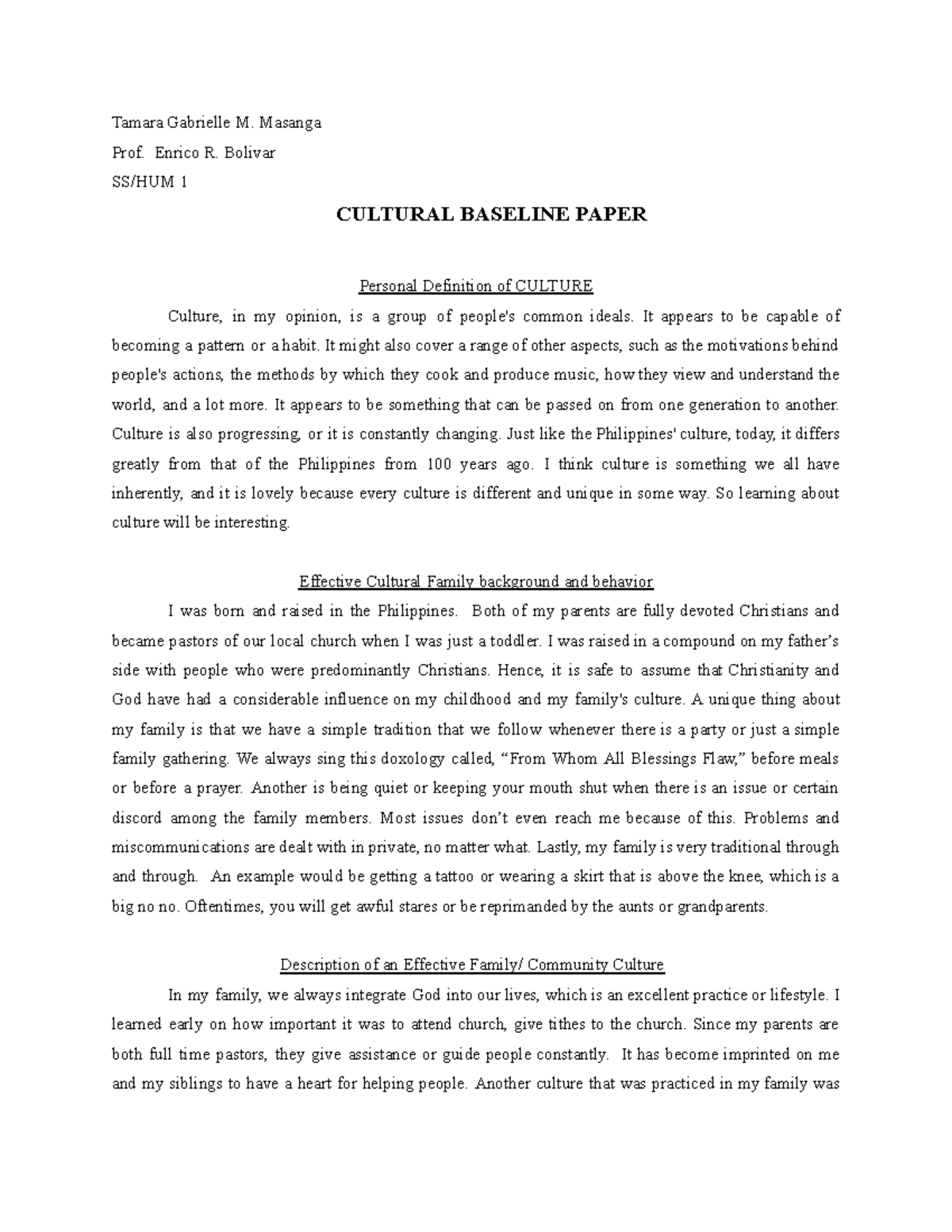 Cultural Baseline Paper - SS/HUM 1 Insights on Family and Community ...