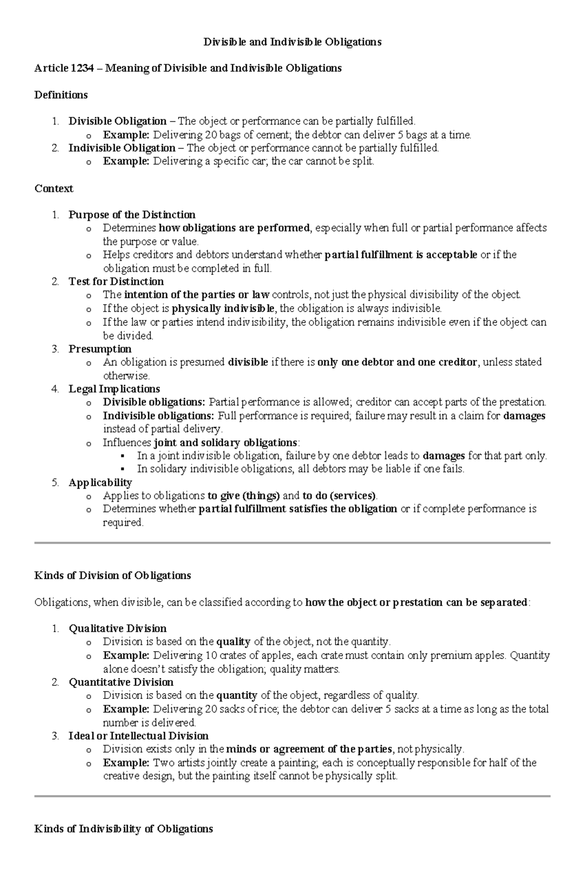 4. Lecture on Divisible and Indivisible Obligations: Key Concepts and ...