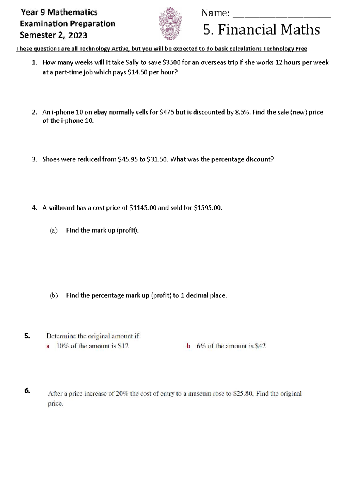 2023 Y9 Maths Exam Revision: Financial Maths Questions - Studocu