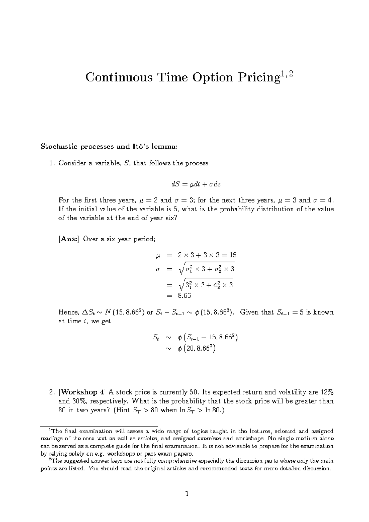 Continuous Time Option Pricing: Workshop 5 Analysis and Insights - Studocu