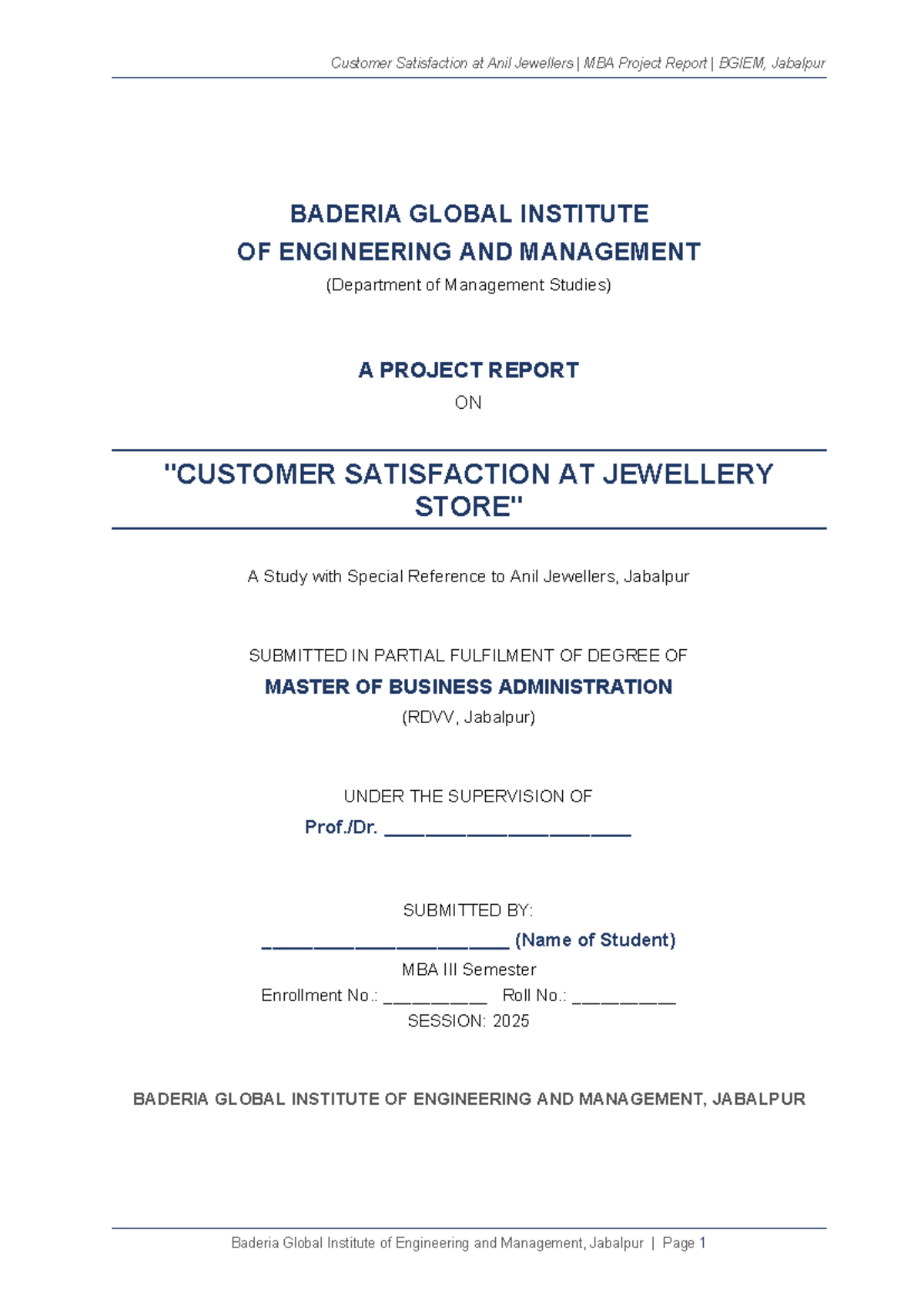MBA Project Report on Customer Satisfaction at Anil Jewellers - Studocu