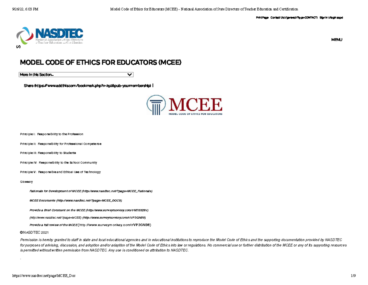 Model Code of Ethics for Educators (MCEE) - NASDTEC Overview and ...
