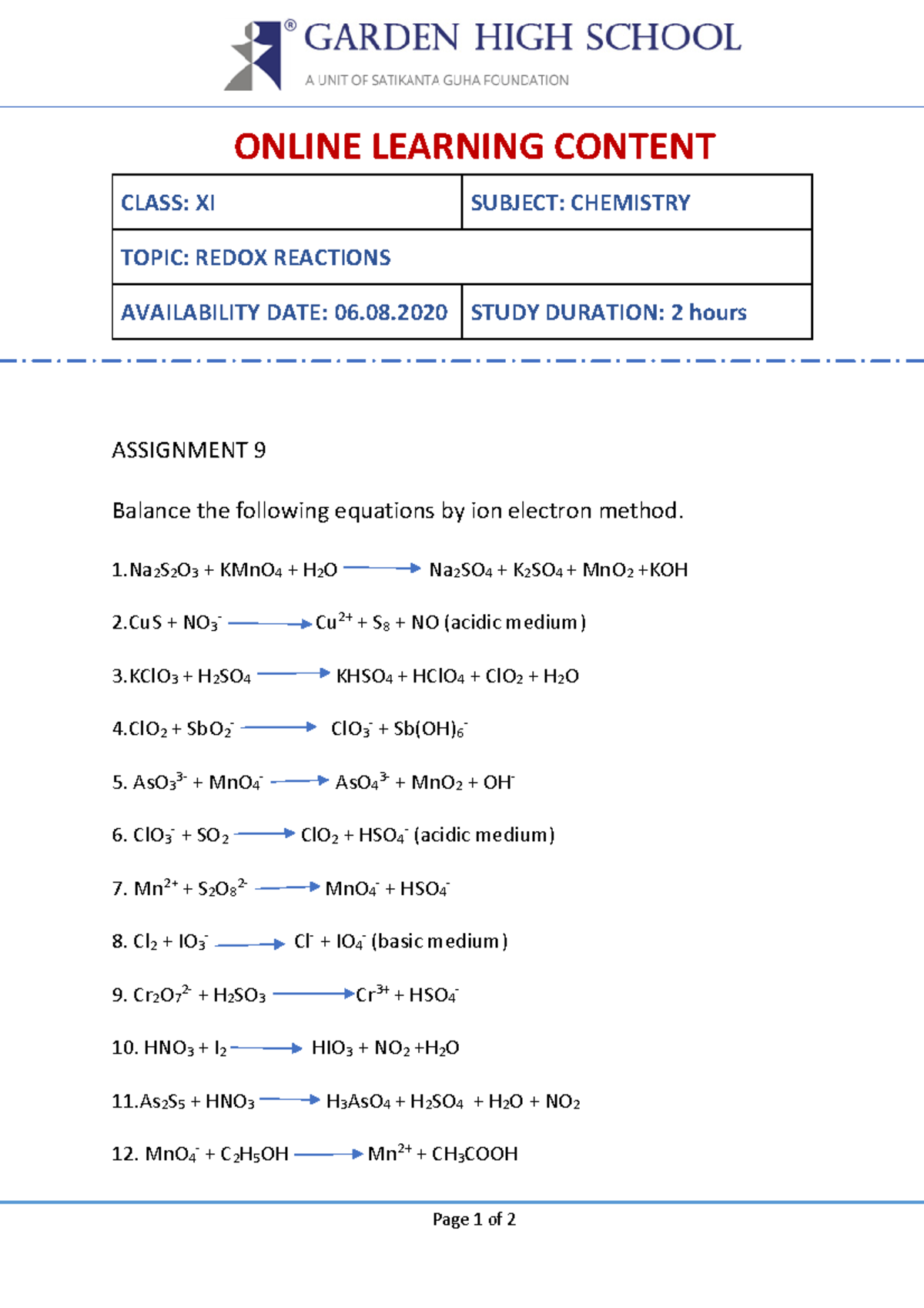ISC Class XI Chemistry Assignment 9: Balancing Redox Reactions - Studocu