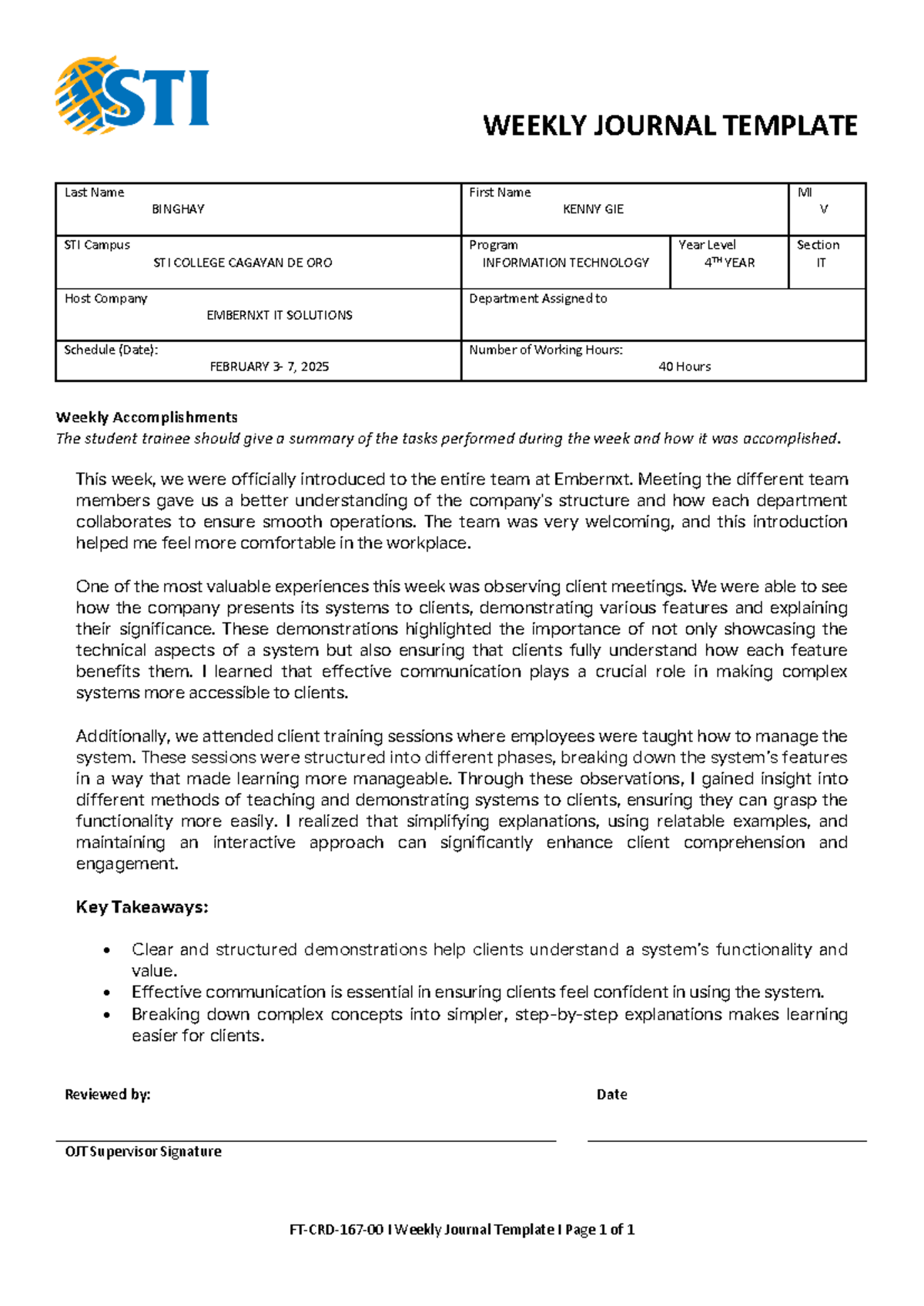 WJ Template: Weekly Journal for OJT - IT Program (4th Year) - Studocu