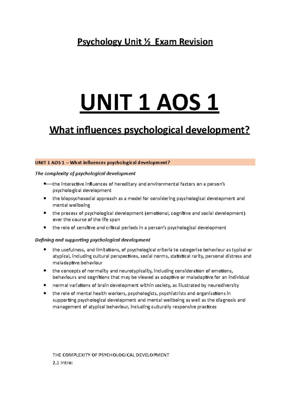 Psychology Unit 1 AOS 1 Exam Revision: Influences on Development - Studocu