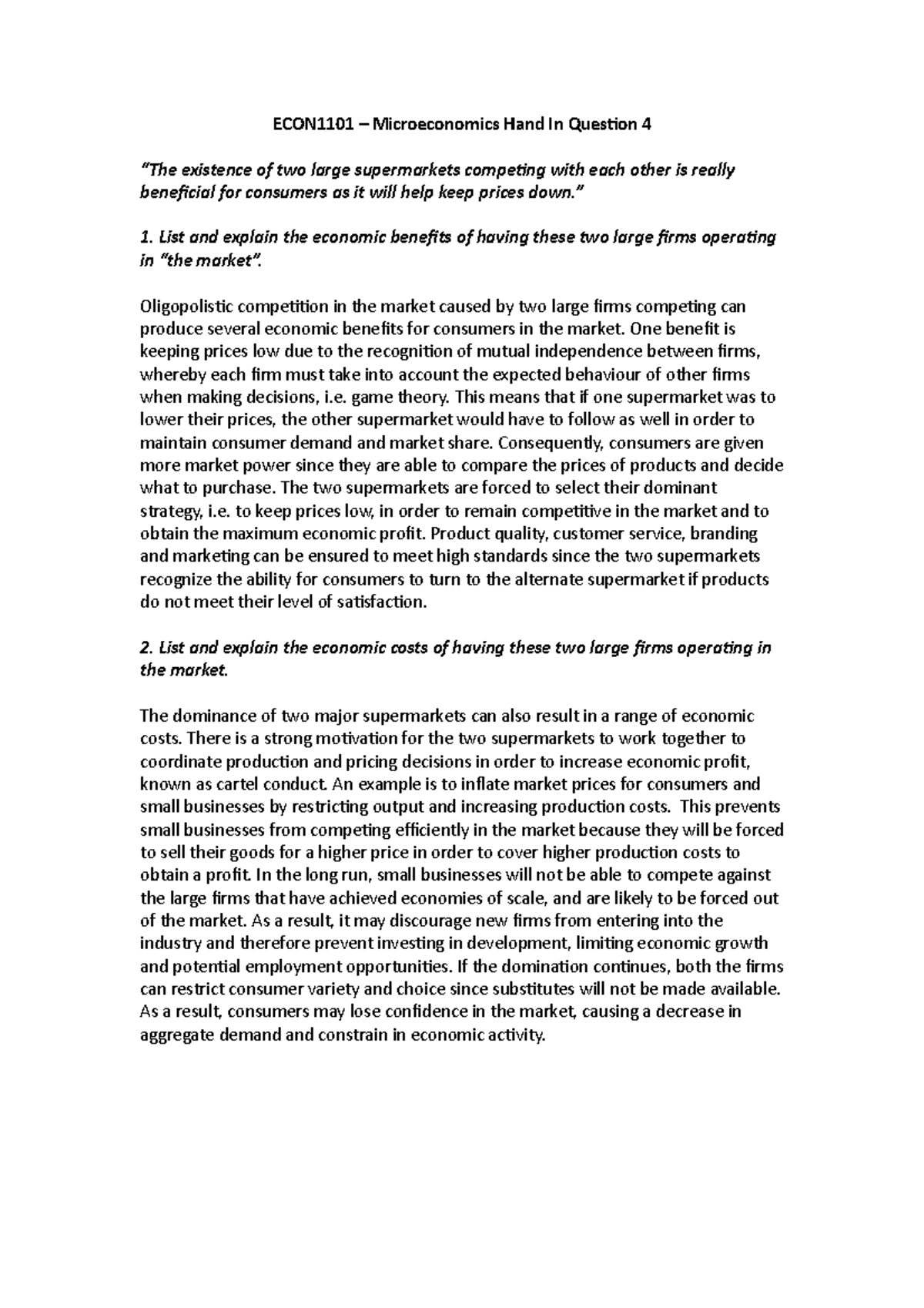 Tutorial work, Hand-In questions & solutions, week 10rn - ECON1101 ...