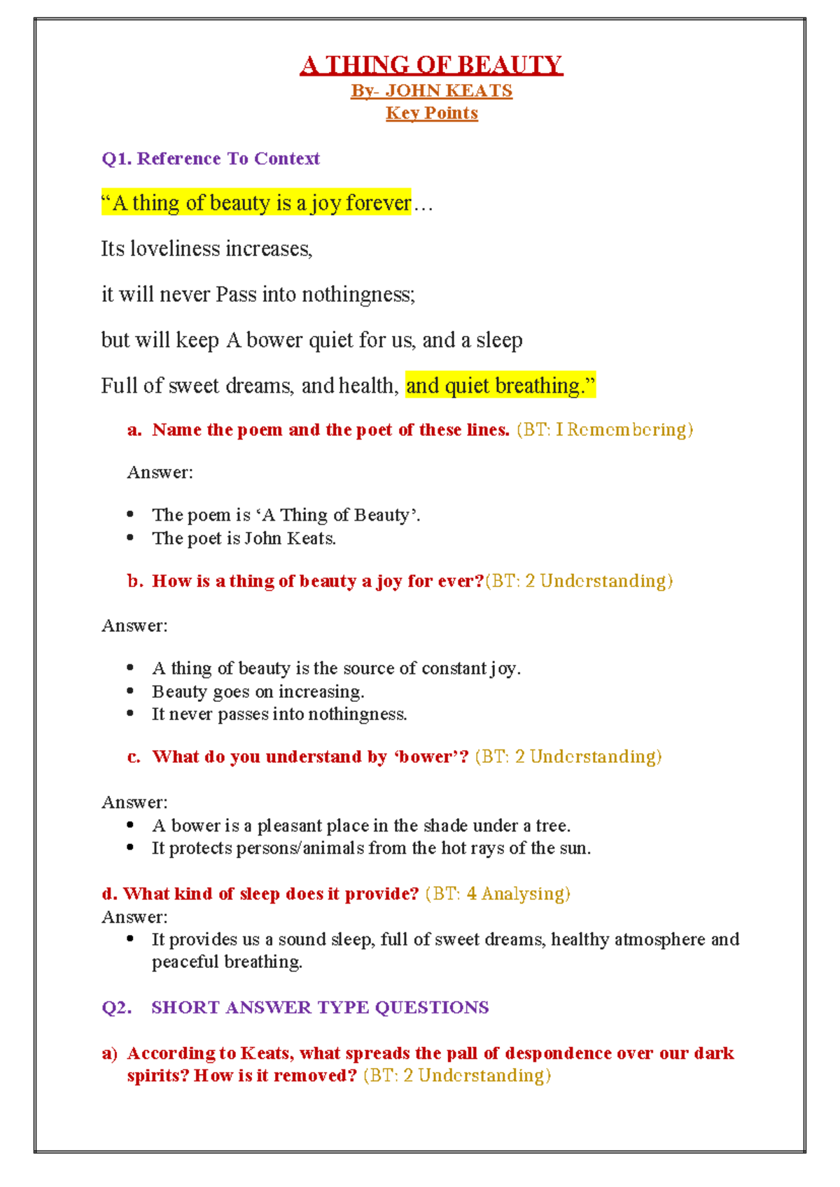 A THING OF BEAUTY JOHN KEATS: Key Points & Short Answer QA - Studocu