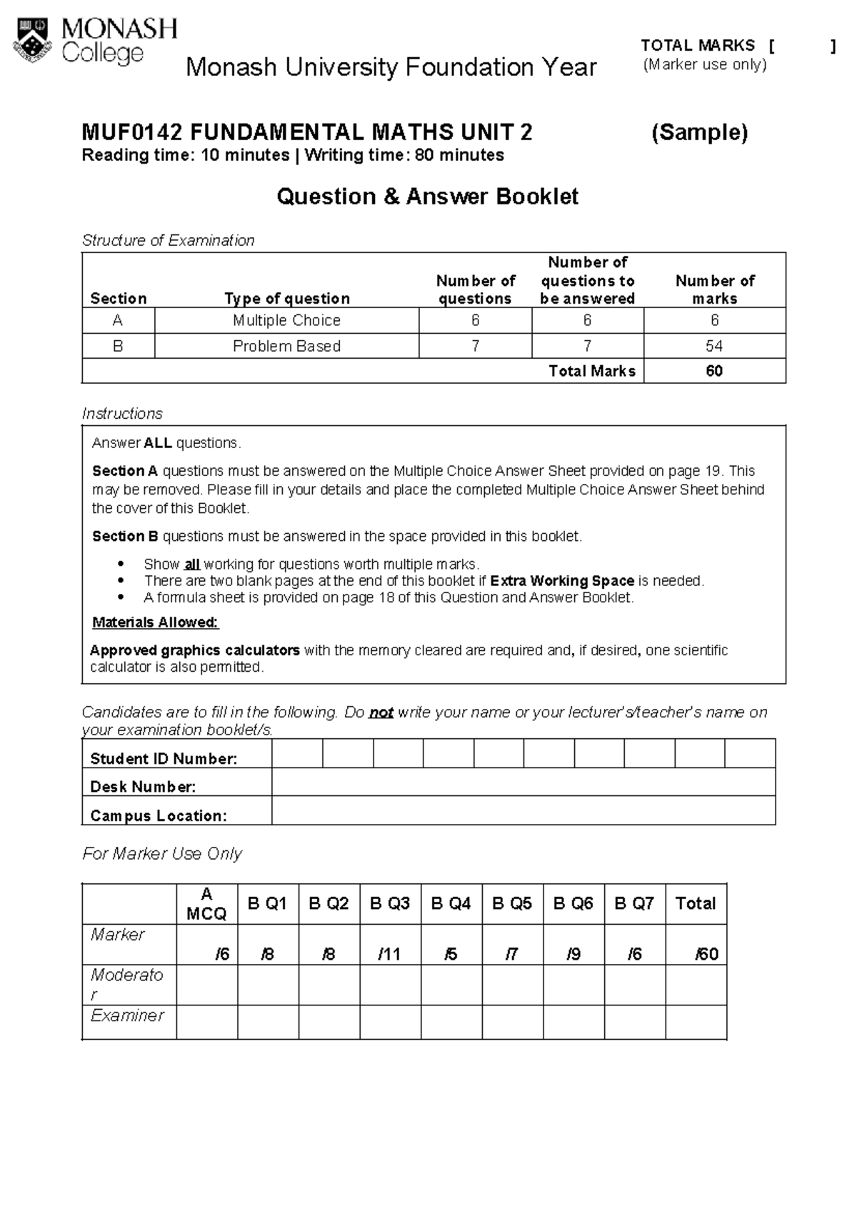 MUF0142 Fundamental Maths Unit 2 Sample Exam Questions - Studocu