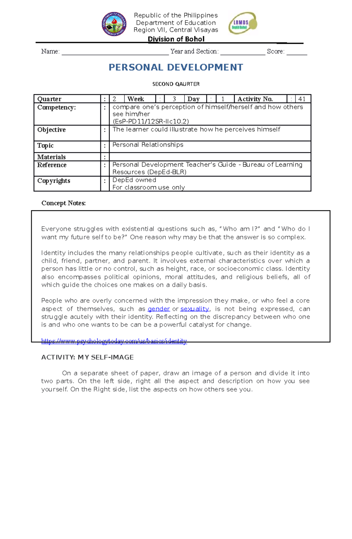 Personal Development SHS Q2 Week 3 Activities 41-44 Insights and ...