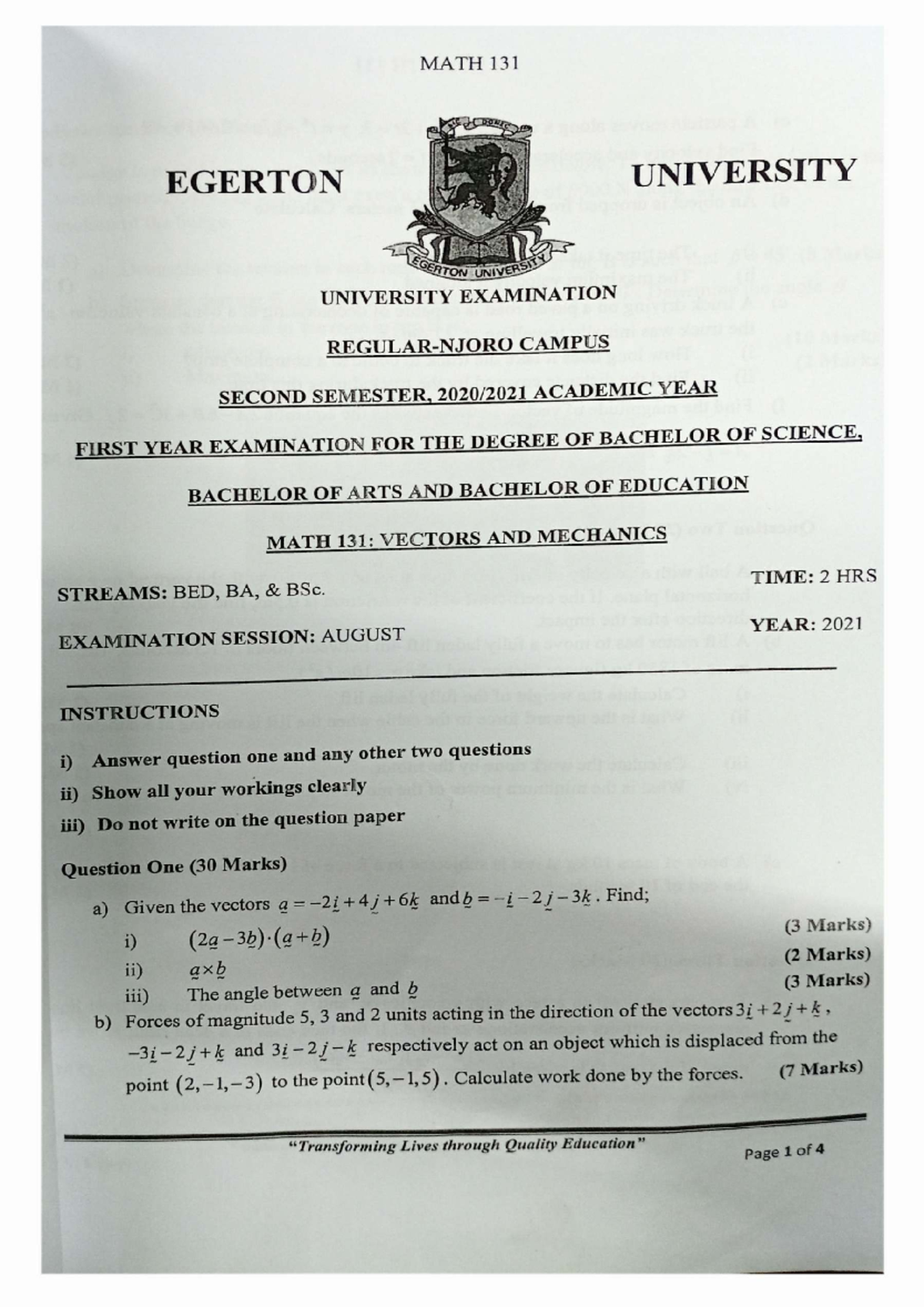MATH 131: Vectors and Mechanics Final Exam - August 2021 - Studocu