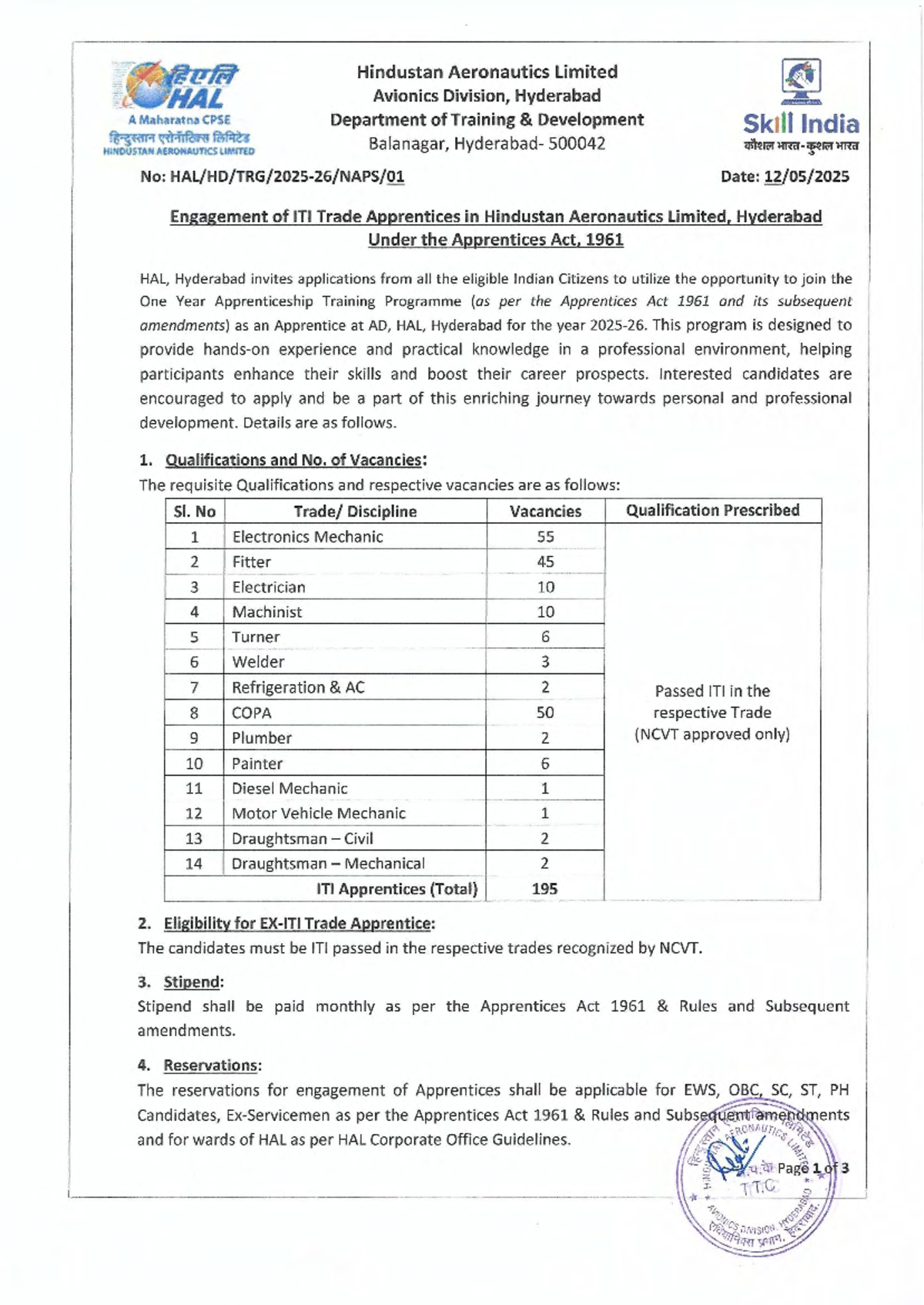 ITI Apprentice Notification 2025-26 at HAL, Hyderabad - Studocu